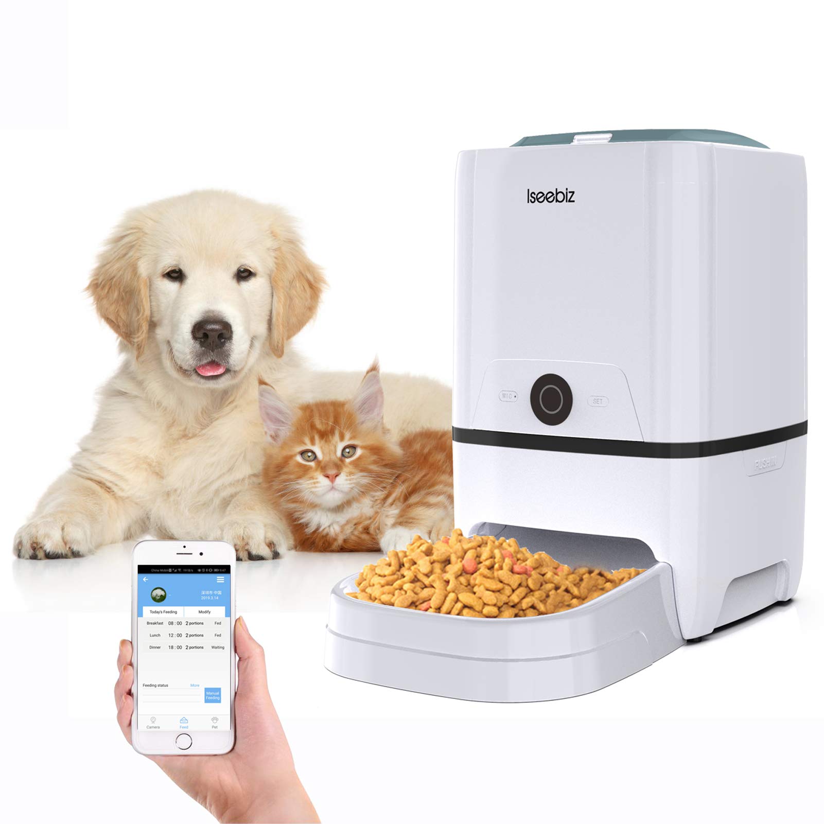 Iseebiz Smart Pet Feeder, Automatic Cat Dog Feeder, 6L WiFi App Control Food Dispenser with Voice Record Remind, Timer Programmable, Portion Control, IR Detect, 8 Meals Per Day Large Medium Cats Dogs