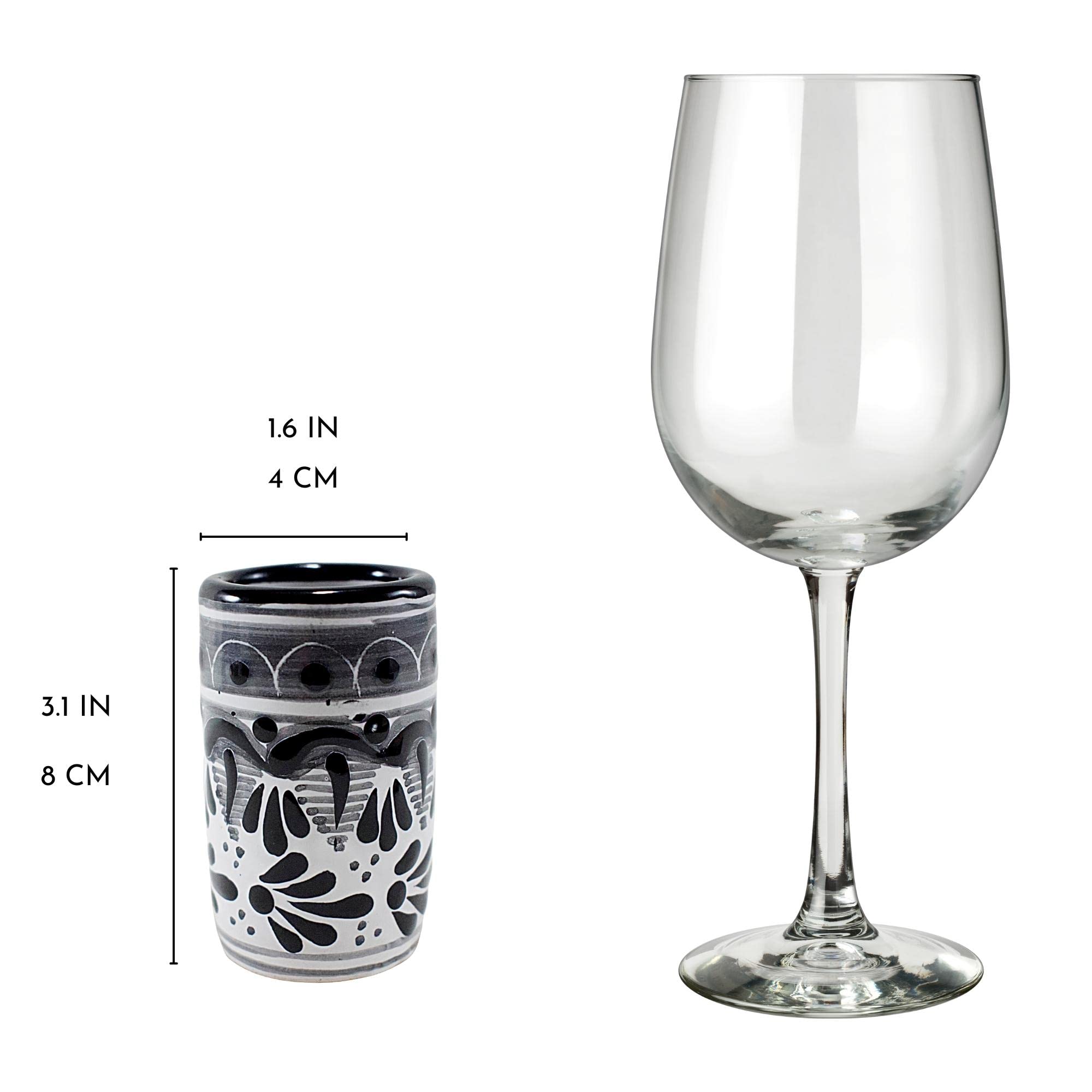 MAREY Mexican Pottery Shot Glasses | Talavera Poblana | Talavera Pottery | Set of 6 Pieces | 100% Handmade | Tequila Cups (Black & White, 2 Oz.)