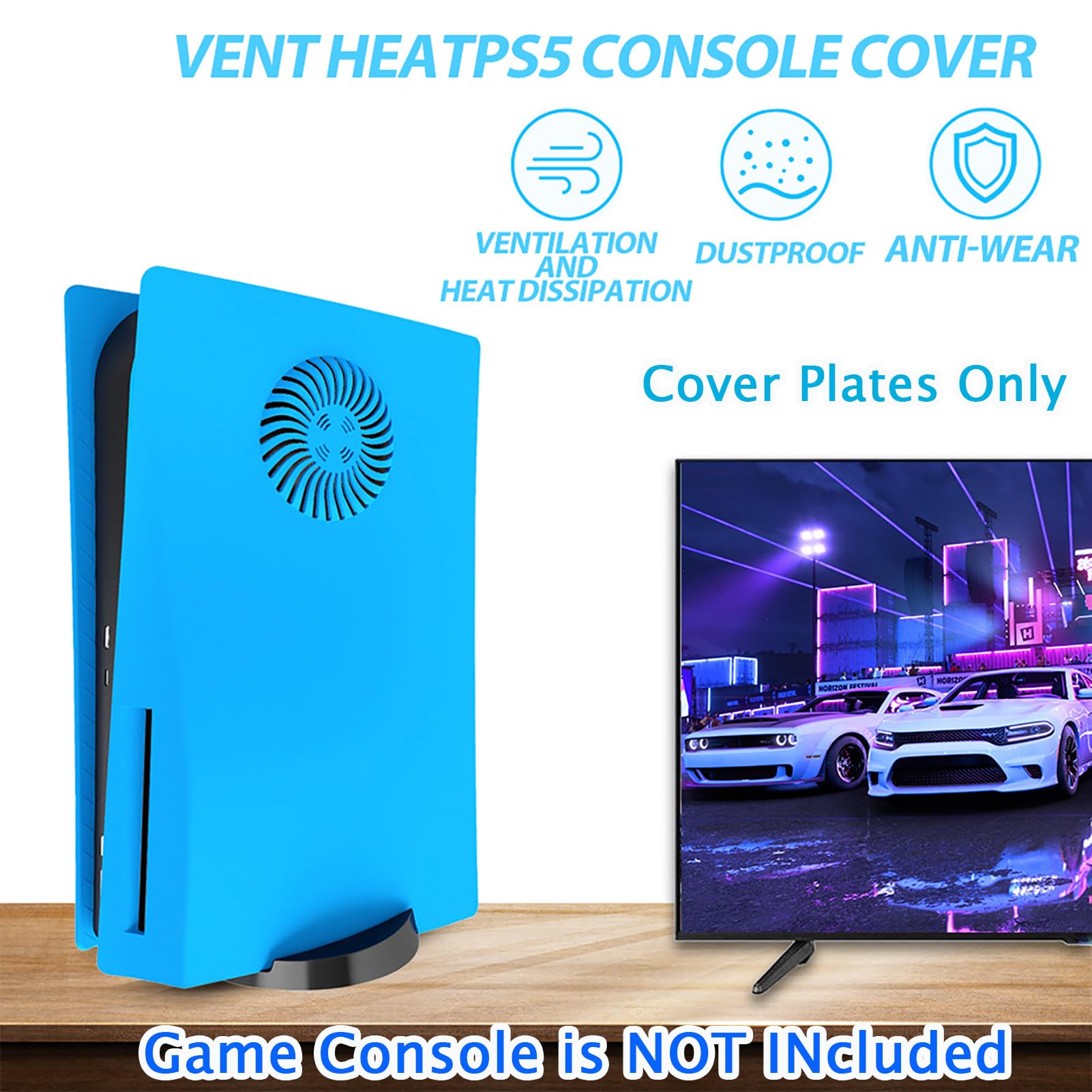 New for PS5 Extra Faceplate Cover Plates Full Set Sky-Blue Color Replacement, Compatible with for PlayStation 5 Disc Edition Console, Customized Face Plate Shell W/ Cooling Windows + Dust Net