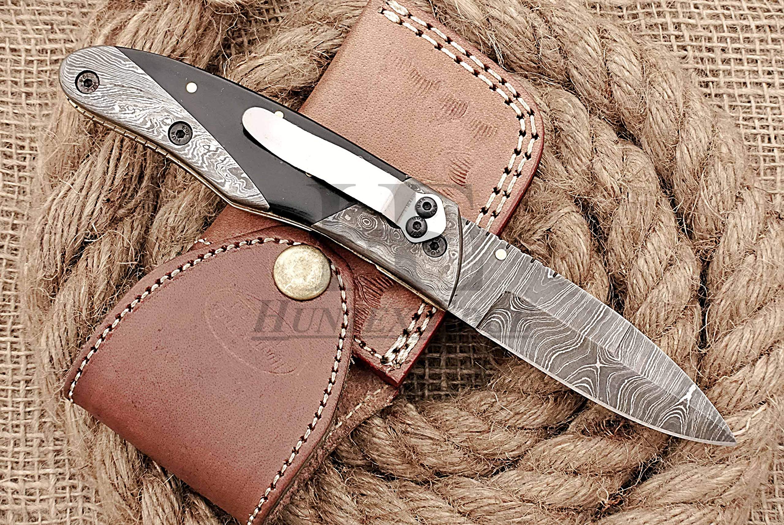 HUNTEX Custom Handmade Hand-Forged Twist Pattern Damascus Steel 4 Inch Long Natural Walnut Wood Handle Razor Sharp Hunting Folding Pocket Spear Knife with Pocket Clip & Genuine Leather Pouch