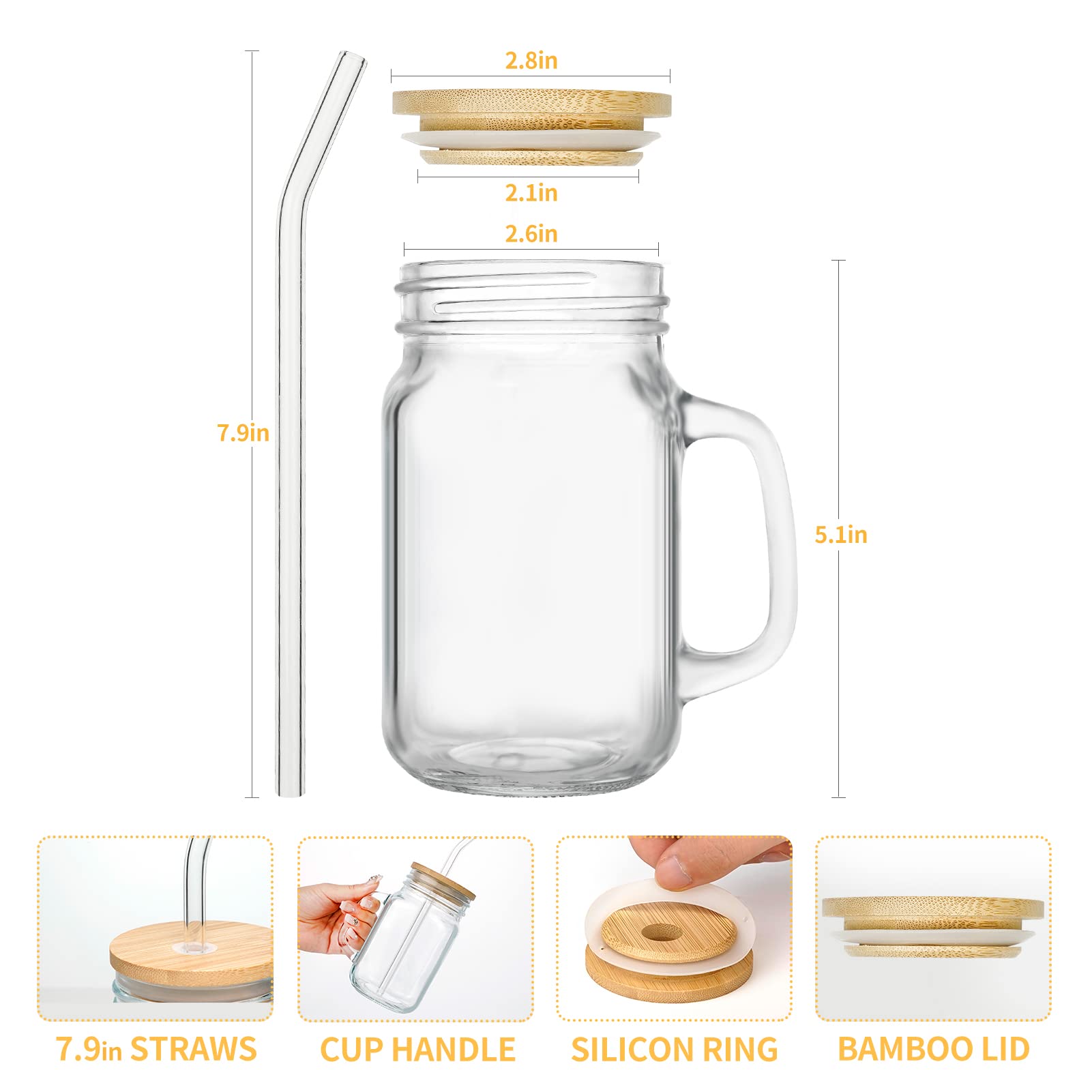 Mason Jars with Handle, Mason Jars Glass Cups with Bamboo Lid , Colorful Airtight Lids & Straws, 16 oz Reusable Boba Bottle, Iced Coffee Cup, Travel Tumbler for Bubble Tea, Smoothie, Juice - 4 Pack