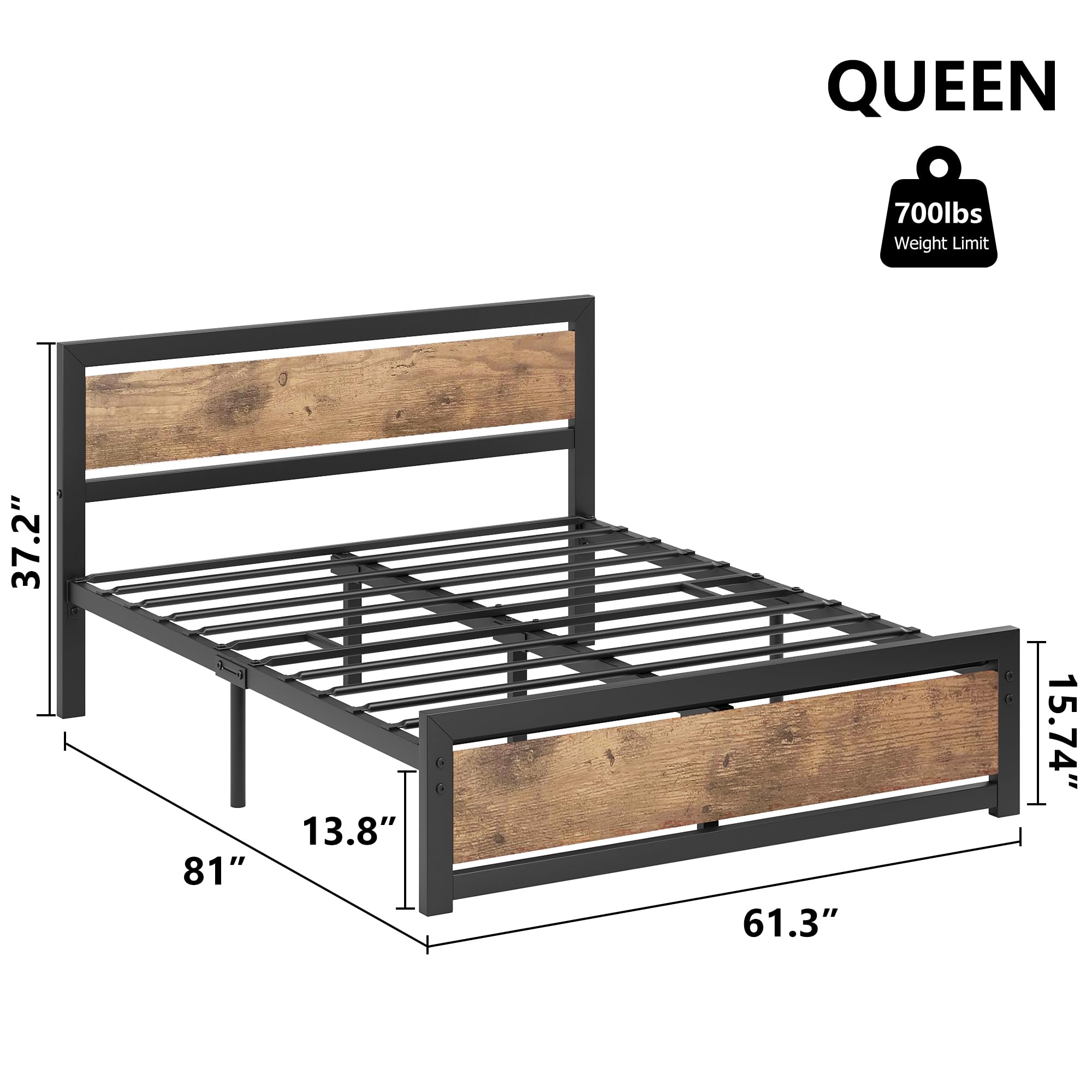 IDEALHOUSE Queen Size Bed Frame with Wooden Headboard, Industrial Queen Bed Platform Metal Bedframe No Box Spring Needed, 14 inch Easy to Assemble Noise Free Mattress Foundation, Rustic Brown