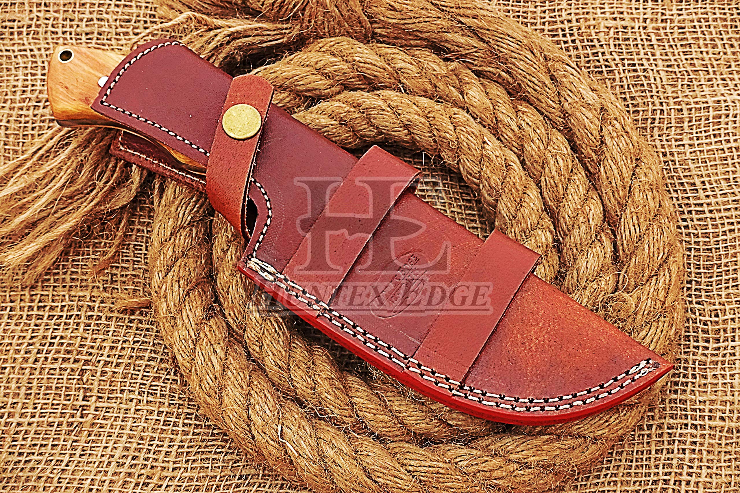 HUNTEX Handmade Exposed Hand-Forged Ladder Pattern Damascus Steel 10 Inch Long Full Tang Oak Wood Handle Razor Sharp Hunting Camping Tracker Knife w/Genuine Leather Pouch