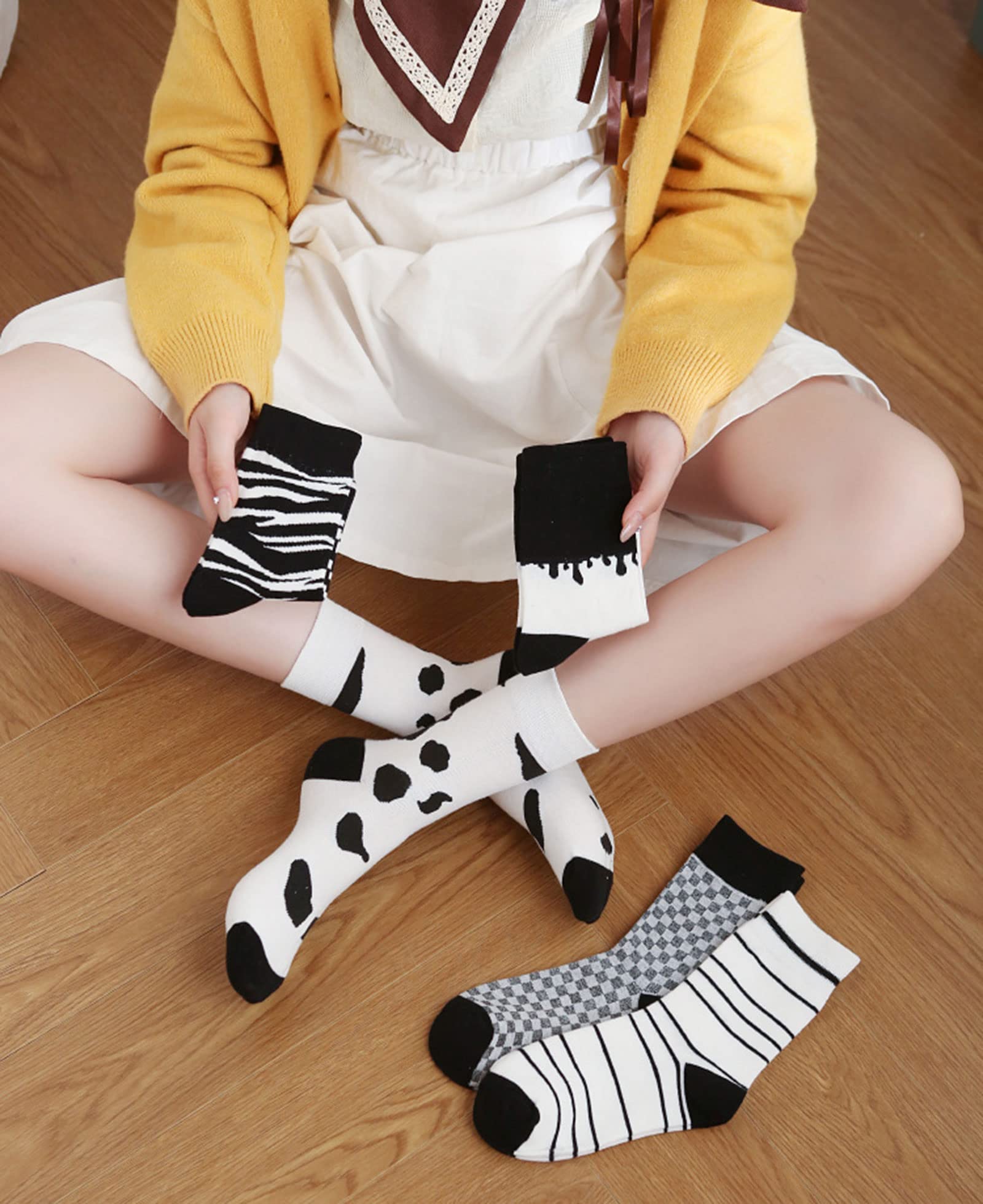 Joylife Cow Pattern Crew Socks Novelty Black White Quartz Socks Striped Checkered Dress Socks for Women, Lady, Girls, 7 Pack