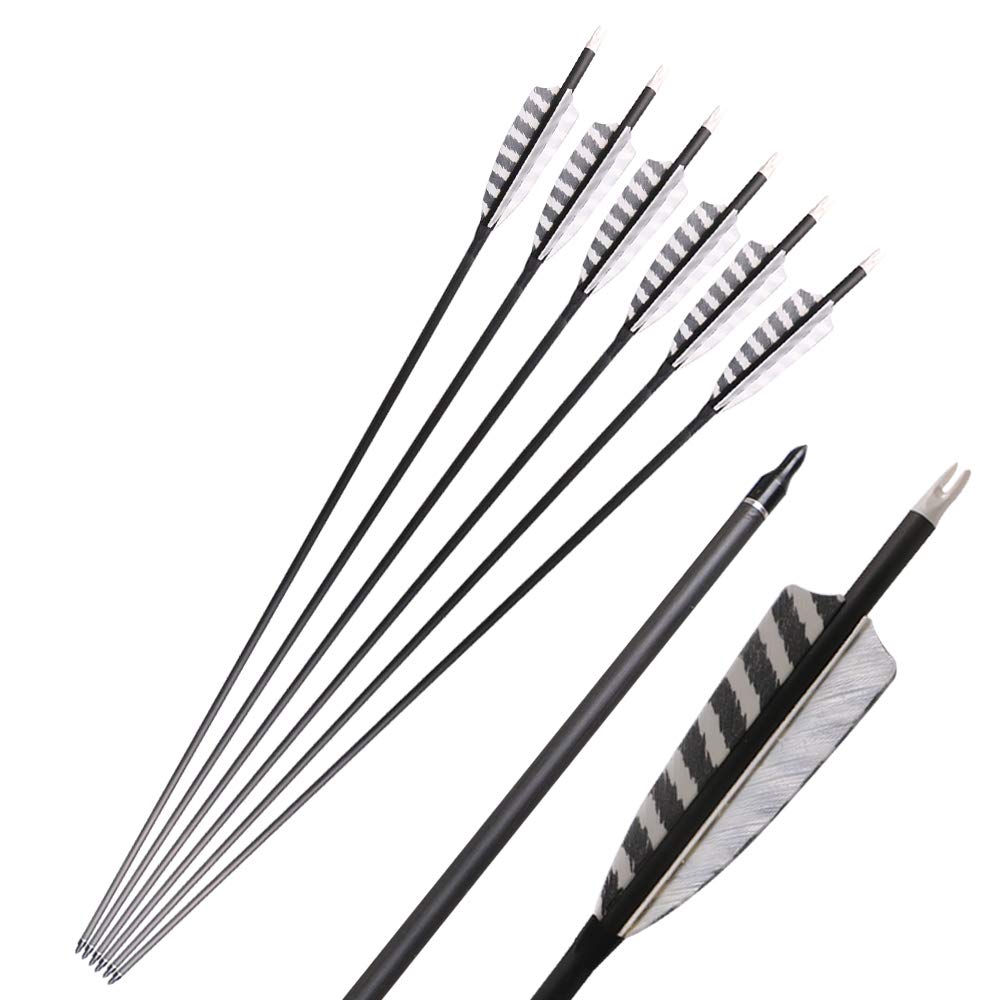 Huntingdoor 31 Inch Hunting Carbon Arrows, Replaceable Points Tips Arrows with 4 Inch Real Feather Fletching,400 Spine Targeting Arrows for Recurve Bow Longbow Practice White (Pack of 6)