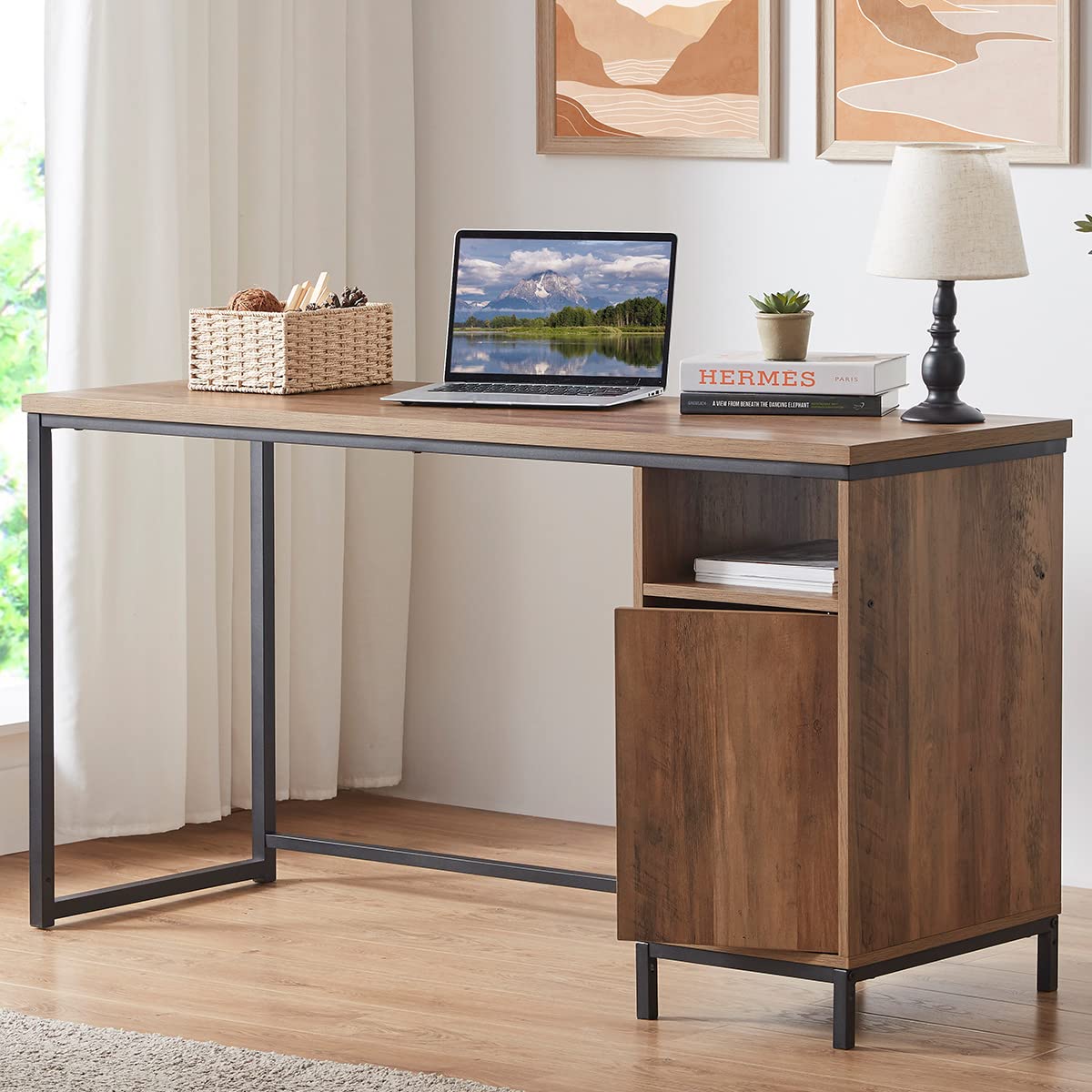 IBF Home Office Desk, Industrial Computer Desk with Storage File Cabinet, Wood and Metal Writing Desk for School Student Study, Computer Table with Drawers Shelves Storage, Rustic Oak, 55 Inch