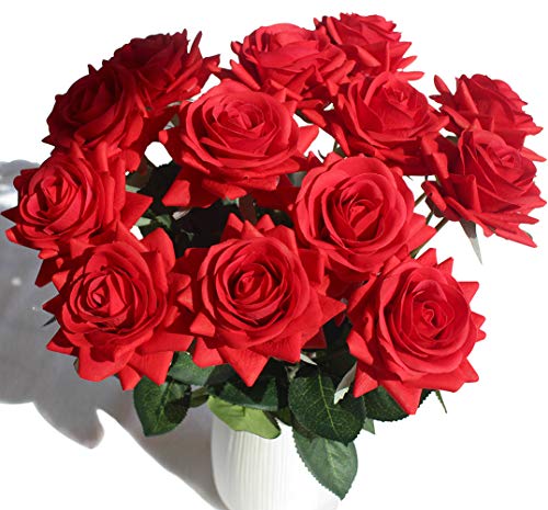 JOEJISN Artificial Flower Roses Fake Roses 12pcs Real Touch Artificial Roses Silk Artificial Roses Long Stem Bridal Wedding Bouquet for Home Garden Office Wedding Decorations (Red)