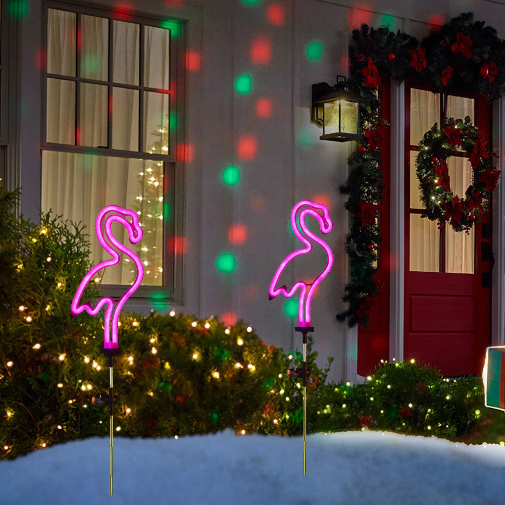 Pink Flamingo Solar Garden Stake Lights, [Set of 2] Outdoor Solar Pathway Light for Lawn Patio Yard Walkway, Neon Pink Lighting (30" Height)