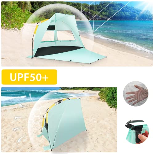 LIMRACVE Pop Up Beach Tent Shade Sun Shelter for 4-5 People with UPF 50+ Protection, Beach Canopy with 3 Ventilation Windows, Extended Floor, Sandbags, Stakes & Guy Lines(Turquoise)