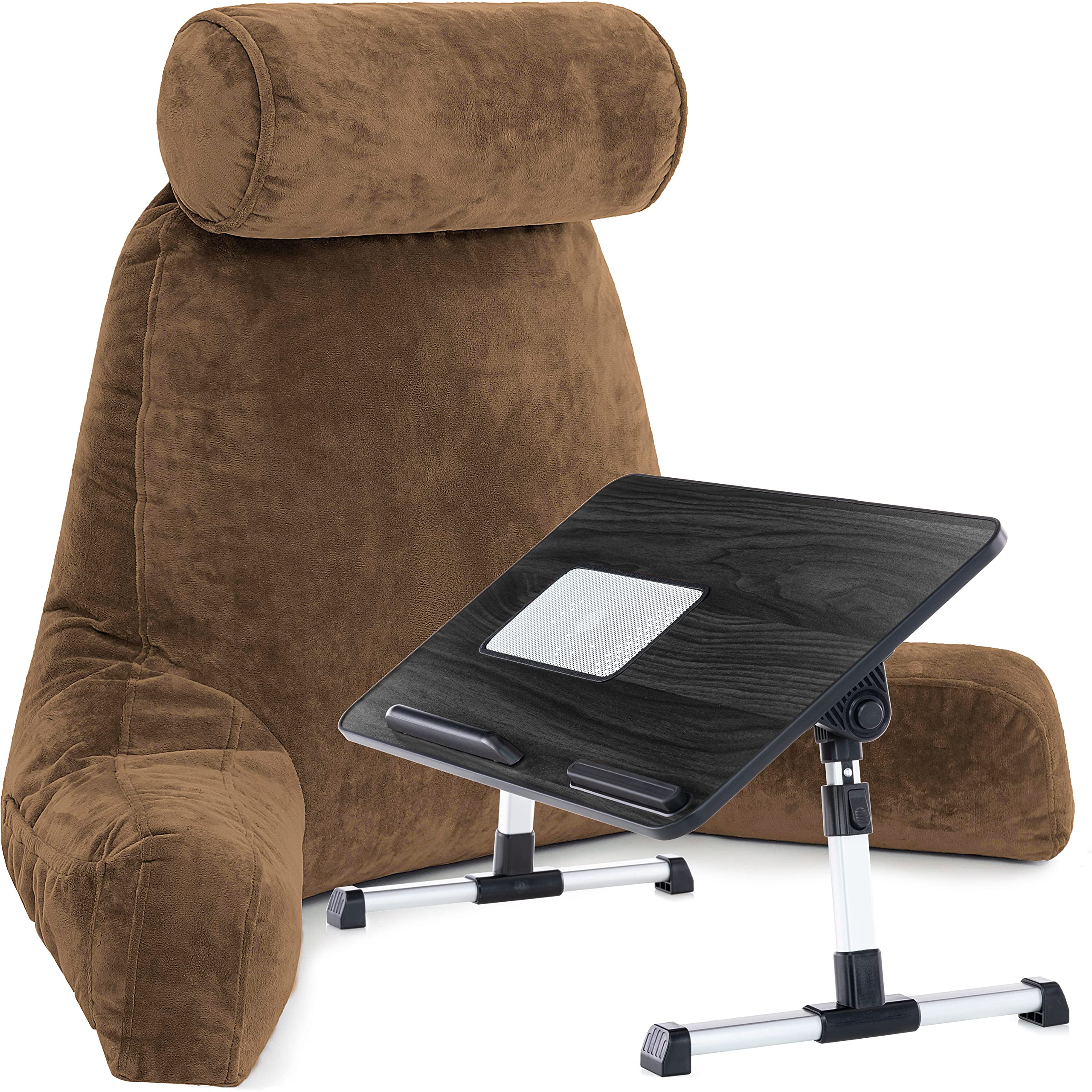 Husband Pillow Combo - Backrest Pillow with Arms : XXL Chocolate & Lap Desk Bed Tray : Grey - Memory Foam Reading Pillows for Bed w/Removable Neck Roll & Laptop Bed Tray Table