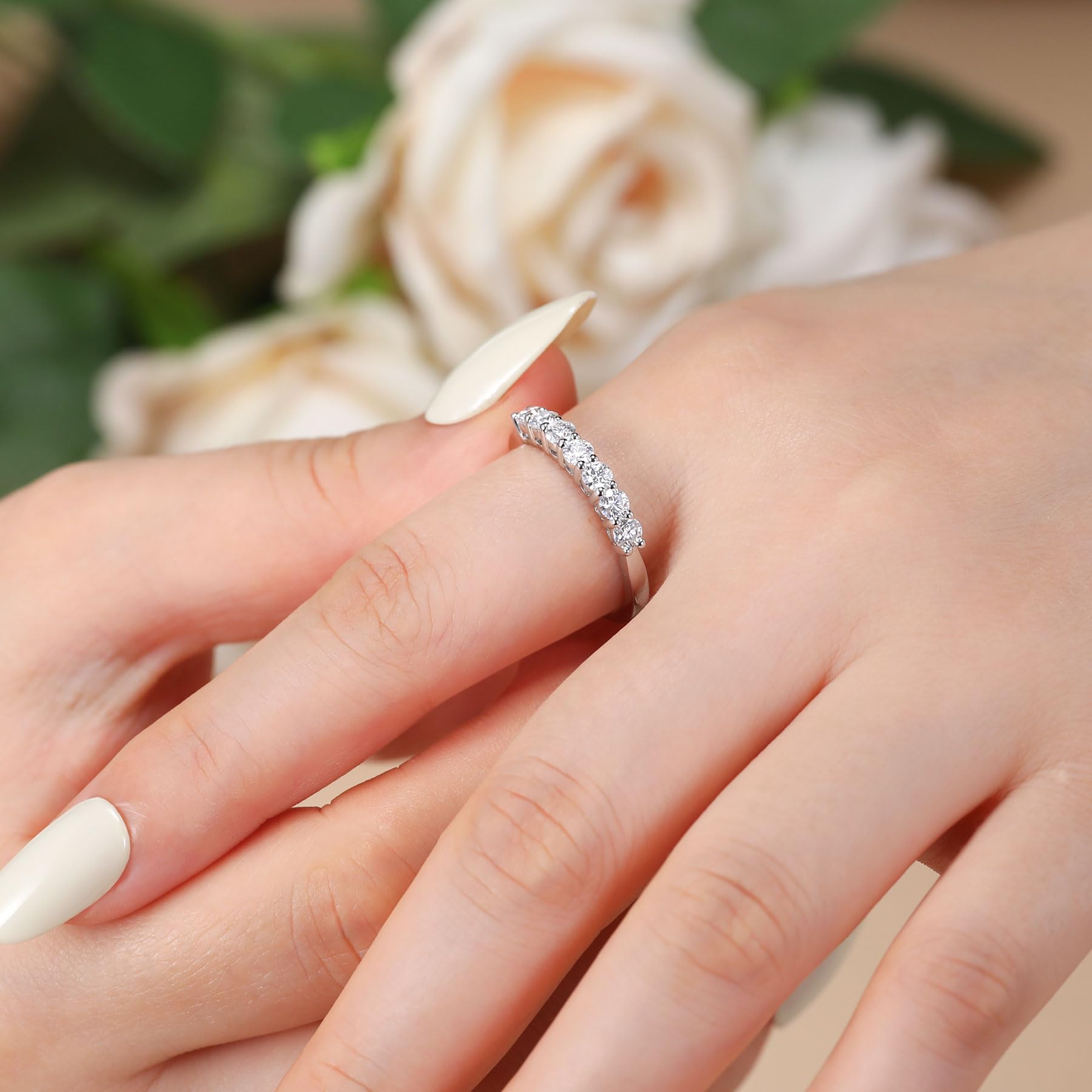 Ladylike Moissanite Wedding Band 18K White Gold Plated 925 Sterling Silver Wedding Rings 0.7ct D Color VVS1 Lab Created Diamond Half Eternity Wedding Band Stackable Ring for Women (8)