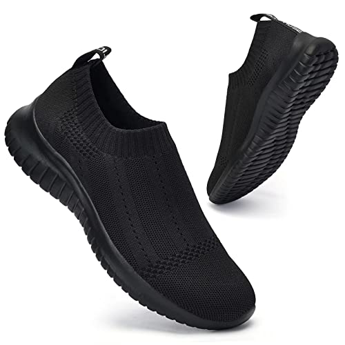 LANCROP Women's Casual Tennis Shoes - Comfortable Knit Gym Walking Slip On Sneakers Wide 11 M US, Label 43 All Black