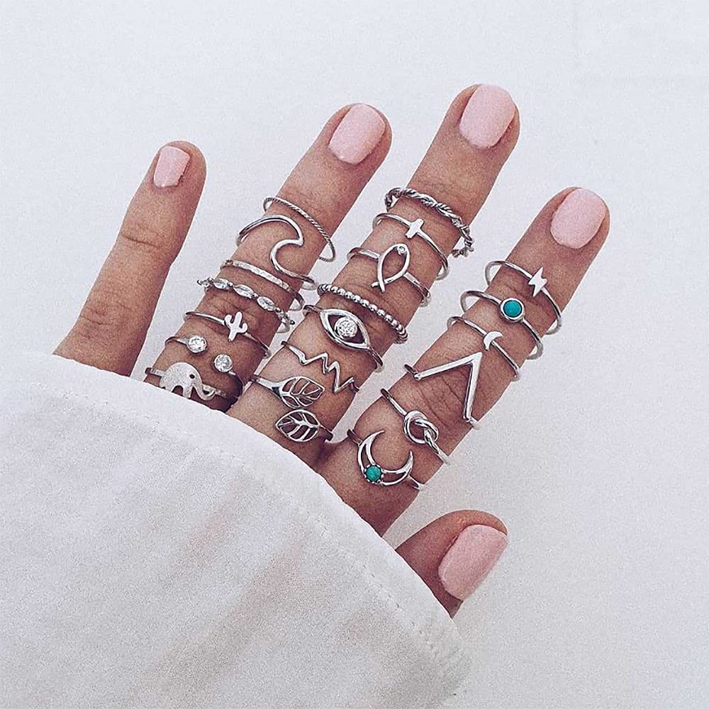 NIQIPOK 56 Pcs Vintage Silver Knuckle Rings Set for Women, Bohemian Stackable Joint Finger Rings, Retro Crystal eyes moon Stacking Midi Combination Ring Set