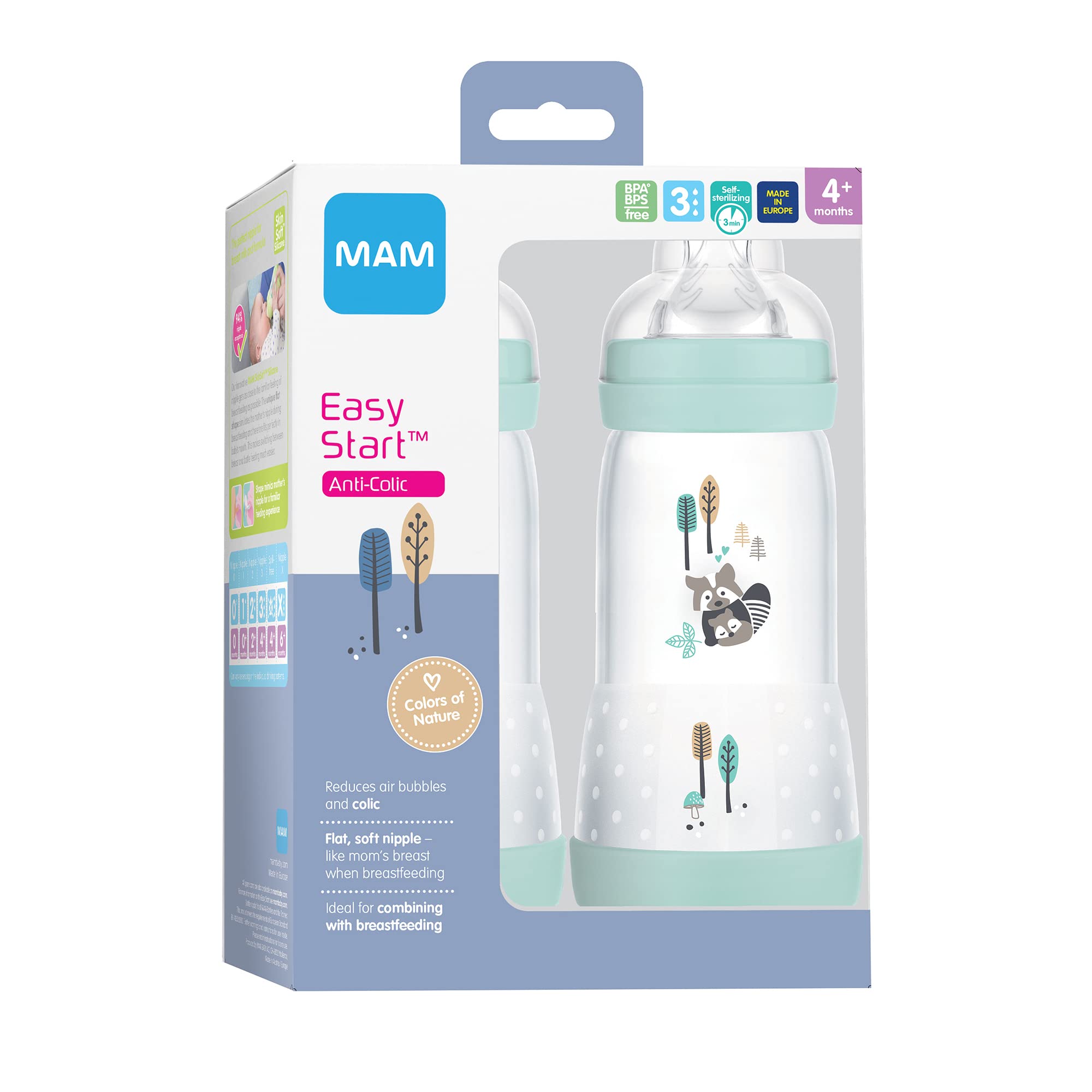 MAM Easy Start Anti Colic 11 oz Baby Bottle, Easy Switch Between Breast and Bottle, Reduces Air Bubbles and Colic, 2 Pack, 4+ Months, Matte/Boy
