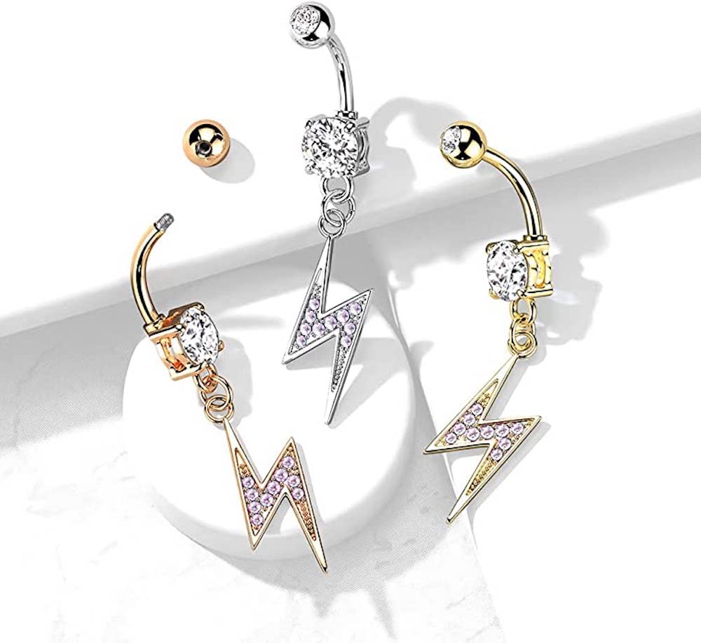 Lightning Bolt Paved with AB CZ Dangle 316L Surgical Steel Jeweled Belly Button Ring (Rose Gold)