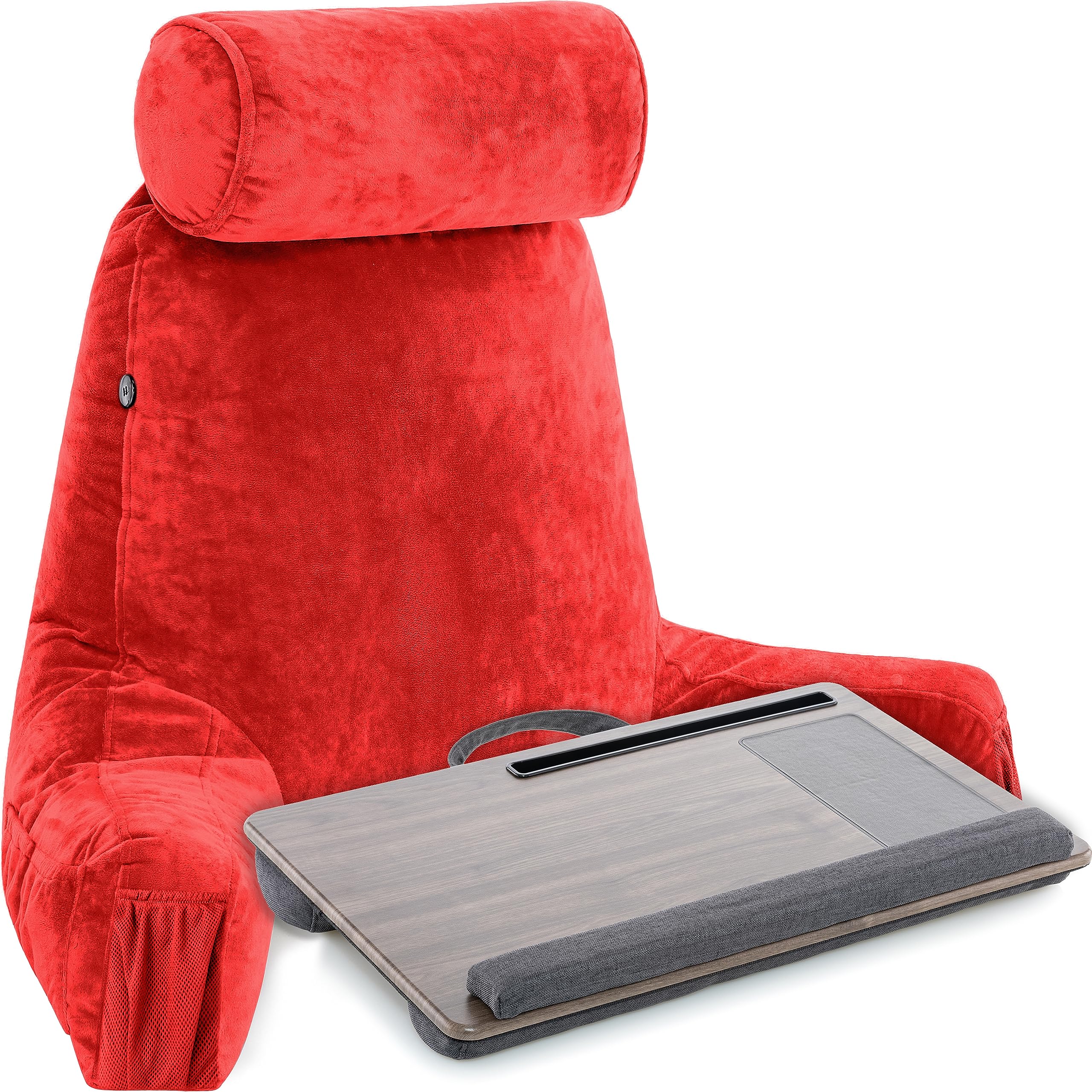 Husband Pillow Combo - Backrest Pillow with Arms : Medium Red & Foldable Laptop Tray : Gray - Memory Foam Reading Pillows for Bed w/Removable Neck Roll & Laptop Bed Tray Table