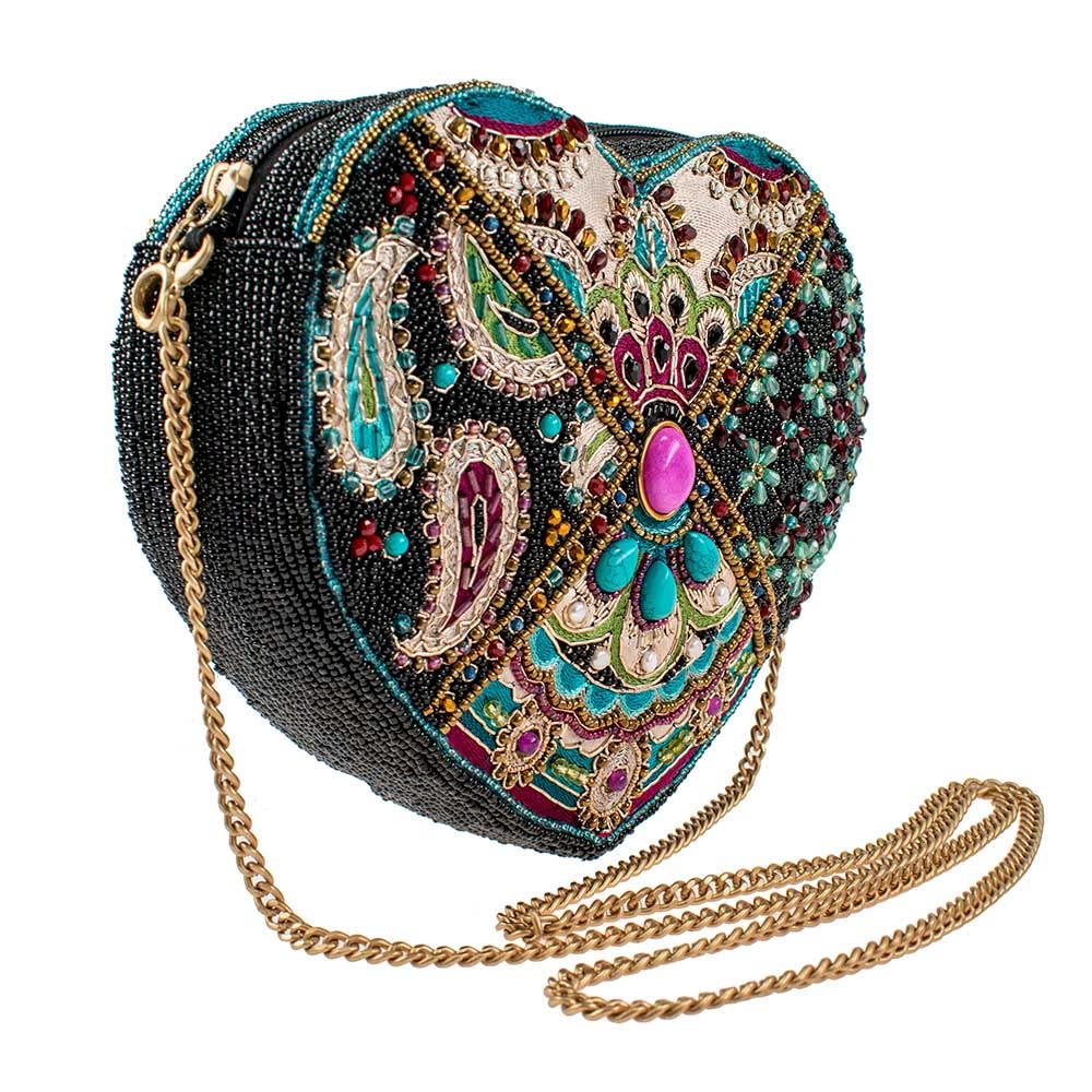 Mary Frances Crazy in Love Beaded Quilted Paisley Heart Crossbody Handbag, Multi