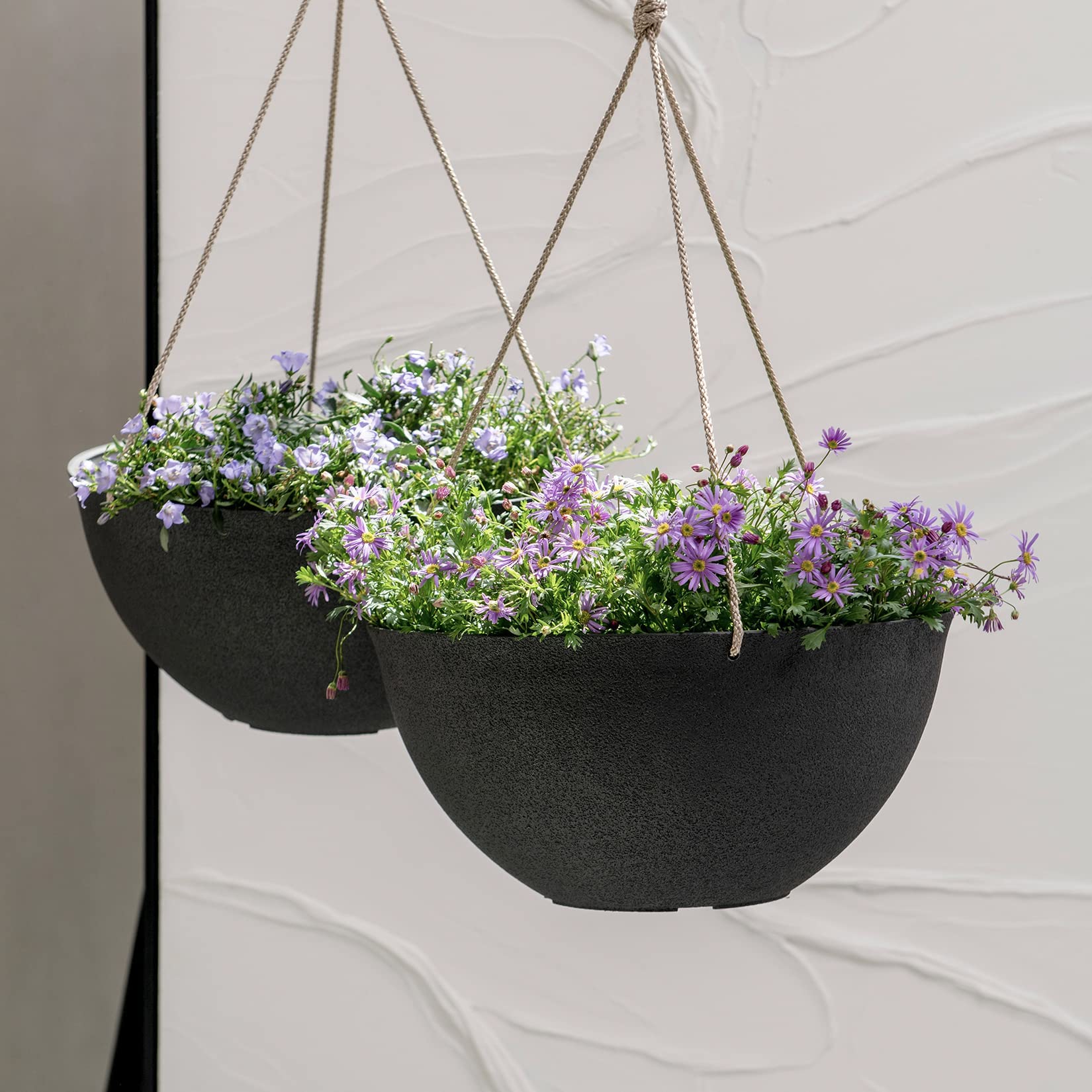 LA JOLIE MUSE Hanging Planters for Outdoor Plants, Large Hanging Planter with Drain Holes, Black Hanging Flower Pots (13.2 Inch, Set of 2)