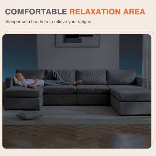 Sweetcrispy Convertible Modular Sectional Sofa, 7 Seat Sectional Couches for Living Room, U-Shaped Modern Fabric Modular Sofa Sleeper with Double Chaise for Home, Apartment, Dorm, Grey