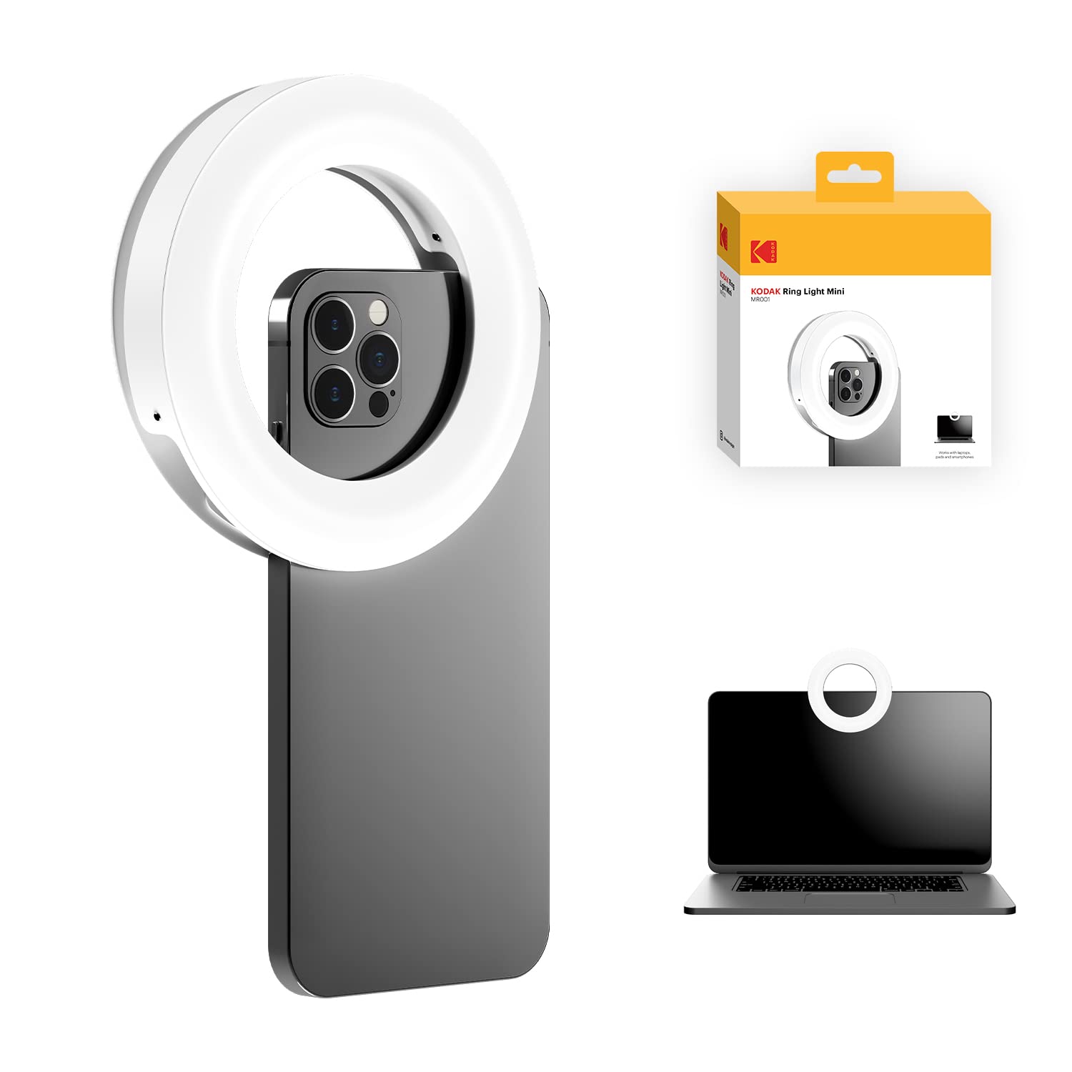 Kodak Ring Light Mini 4" β Portable Clip on Ring Light for Phone with Rechargeable Battery (USB-C) β Dimmable Selfie Light with 3 Light Modes β Ring Light for Video Conferencing/Beauty/TikTok
