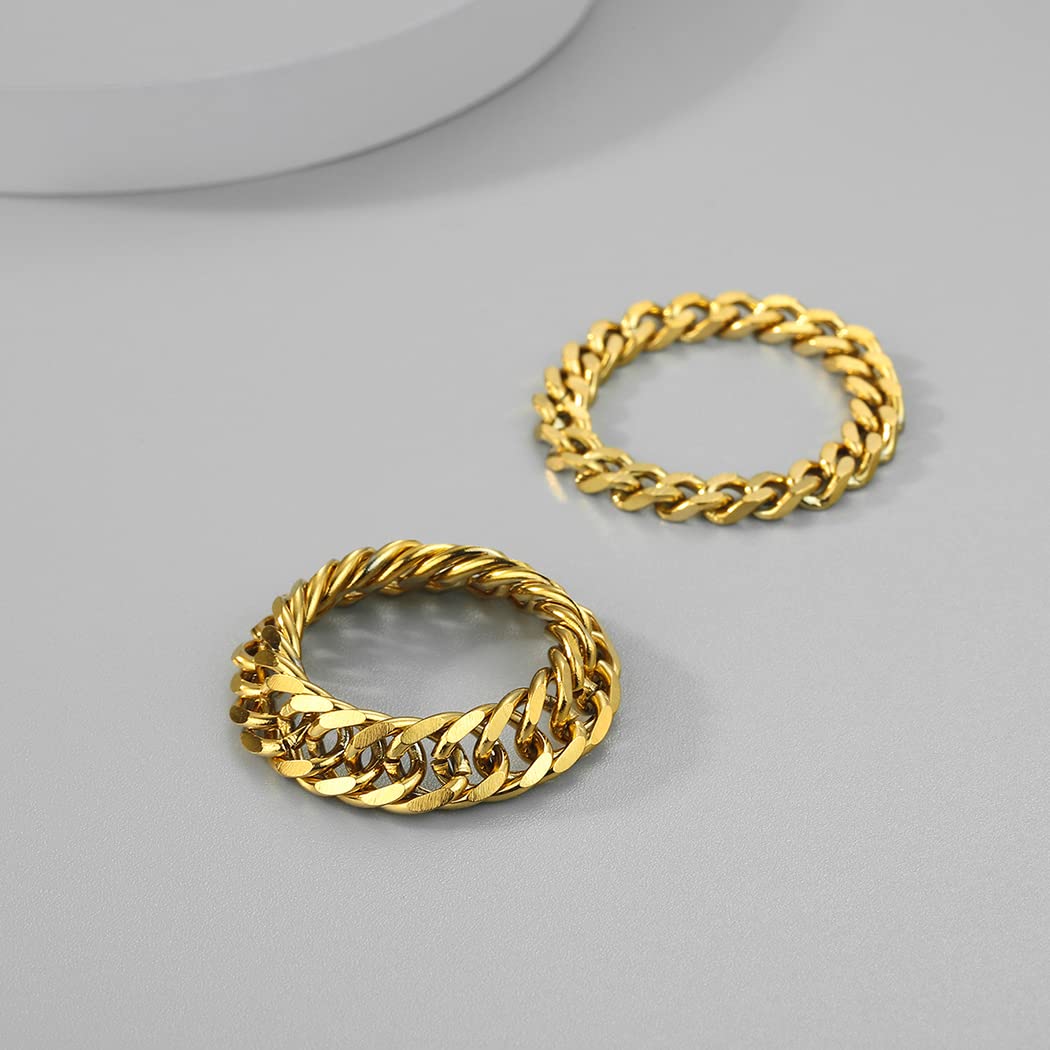 NEDAR 18K Gold Filled Gold Chain Designed Laser Engraved Wedding Ring 316L Stainless Steel Thick Chain Stacking Jewelry Band Cuban Chain Ring, Minimalist Ring (SPR-16419)