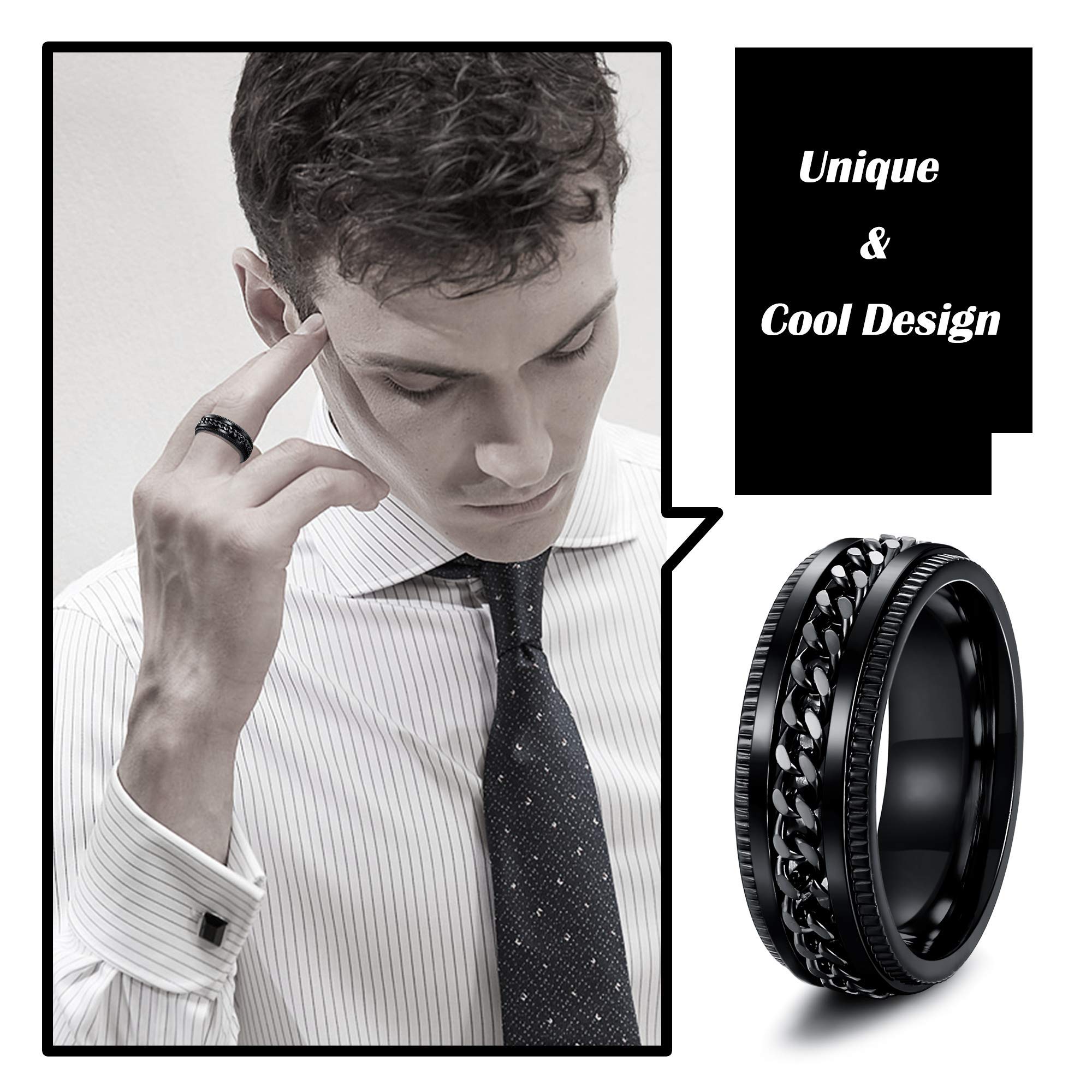 Jstyle 3Pcs Stainless Steel Fidget Rings Set Black Cool Chain Spinner Band Ring for Mens Women Wedding Promise Ring Stress Relieving Size 7-13