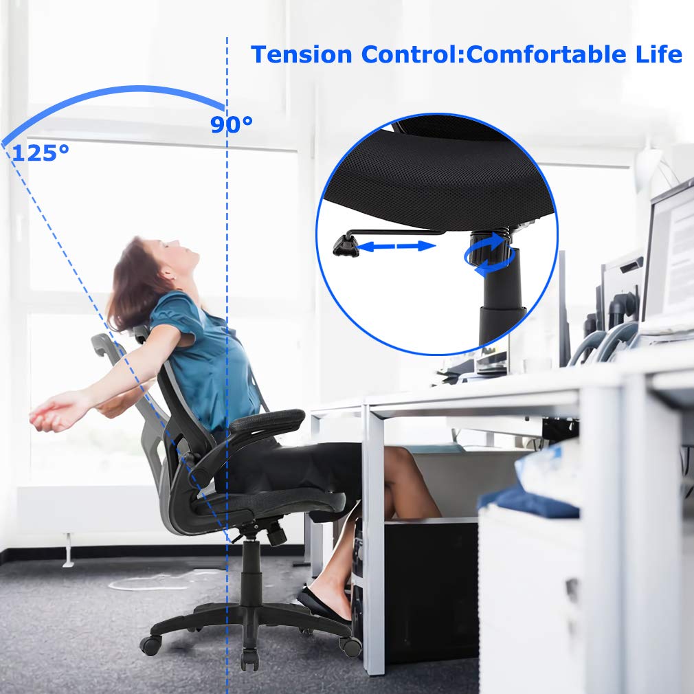 Home Office Chair Desk Chair Mesh Computer Chair with Lumbar Support Flip Up Arms Modern Task Chair Adjustable Swivel Rolling Executive Mid Back Ergonomic Chair for Adults, Black