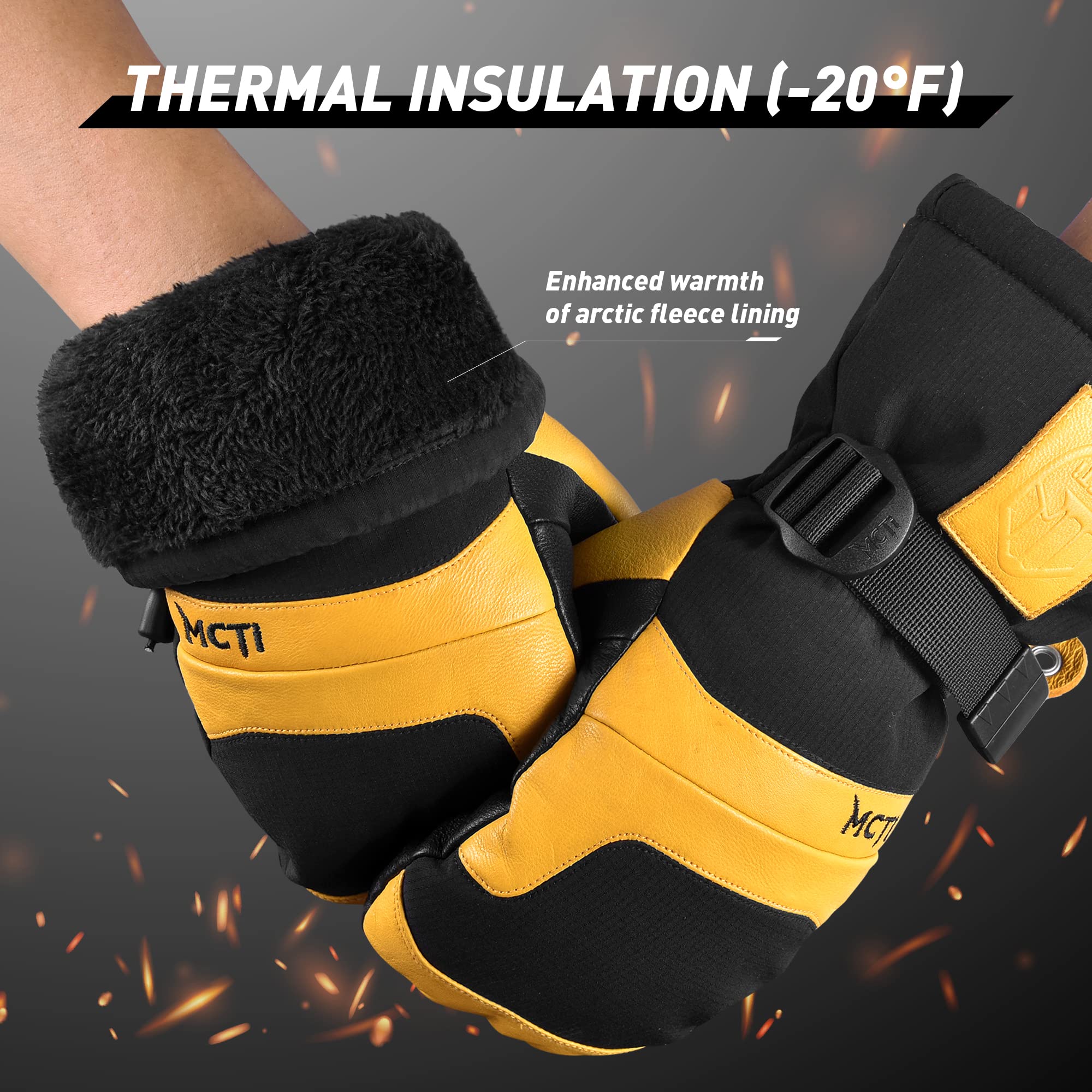 MCTi Ski Mittens Leather Mitten Winter Cold Weather Waterproof Snow Mitt for Men(Yellow, Large)