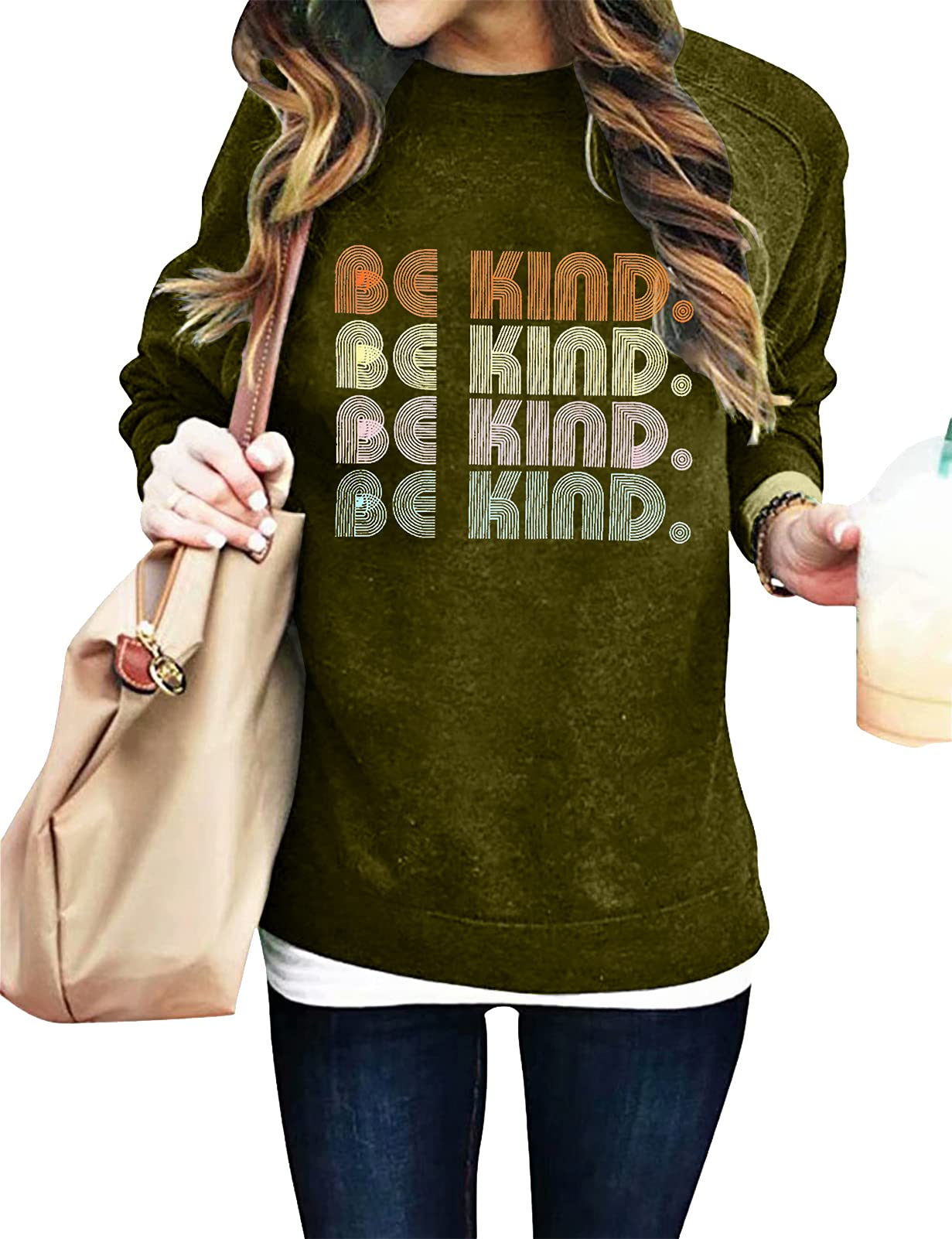 KIDDAD Be Kind Sweatshirt Women Funny Letter Print Blessed Long Sleeve Shirt Inspirational Graphic Pullover Top Blouse Army Green