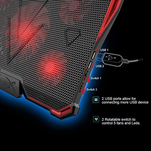 Laptop Cooling Pad, 5 Quiet Fans Cooler Pad, Portable Ultra-Slim Quiet Laptop Notebook Cooler Cooling Pad Stand with 2 USB Powered Fans, Adjustable Mount Stand Height Angle, Fits 17 Inches