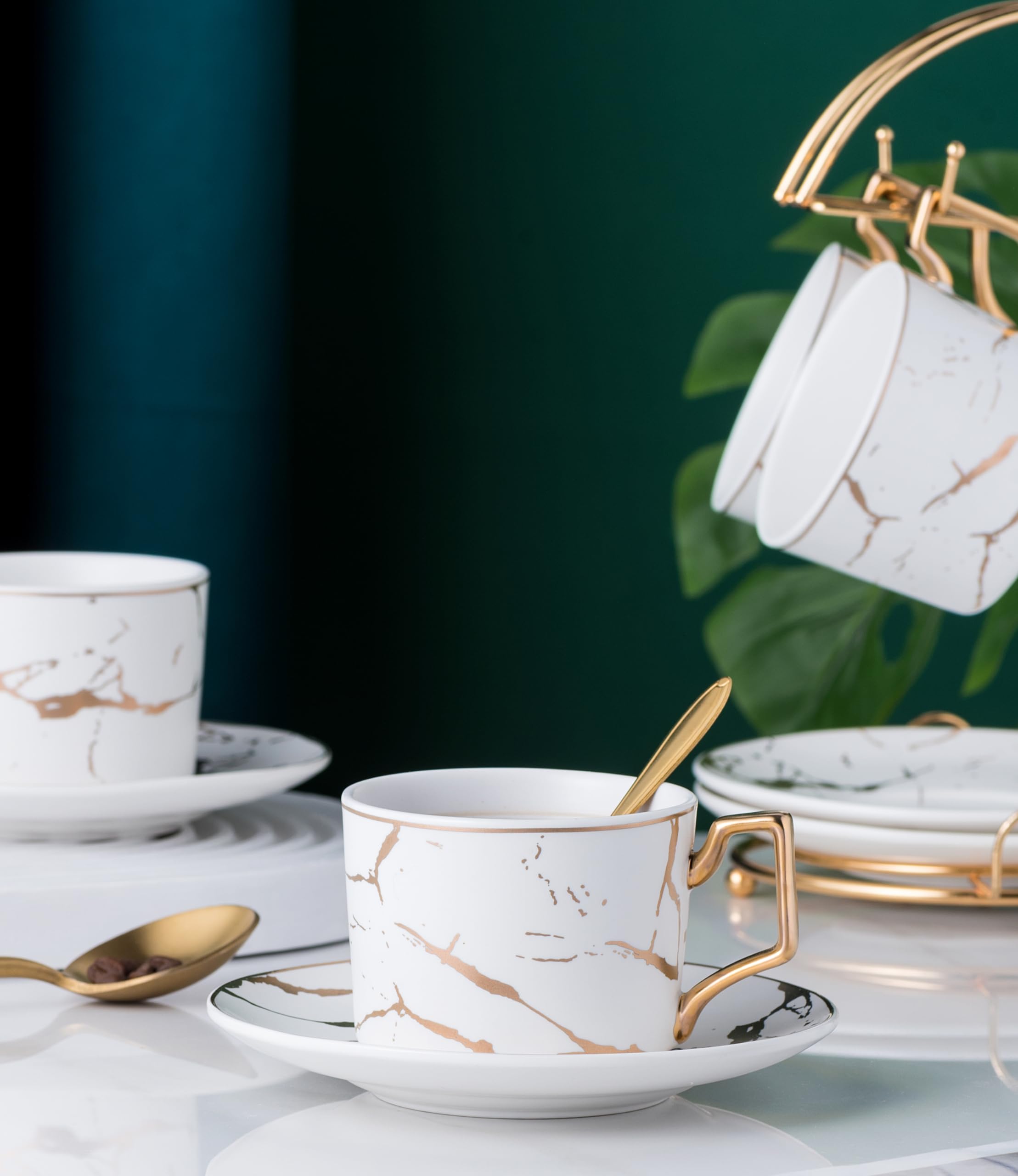 Jusalpha Serve of 4- Hand Printed Golden Matte Ceramic Marble Tea Coffee/Tea Cups with Spoons and Cup Holder, 7OZ -TCS26 (White/Gold, Serve of 4)