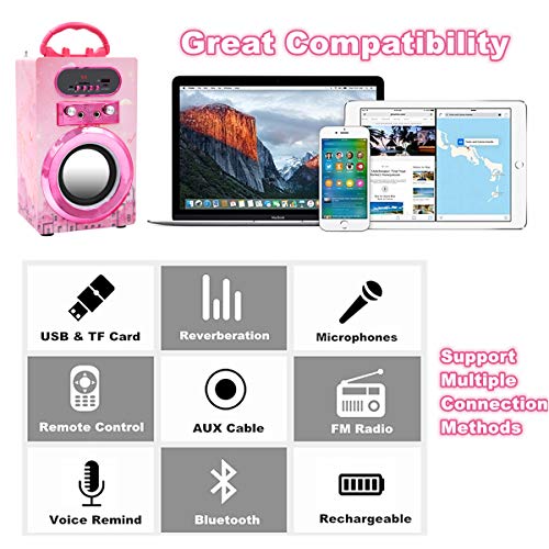 IndeCool Kids Bluetooth Karaoke Machine with 2 Microphones, Remote Control Wireless Karaoke Speaker Portable Karaoke Machine Music MP3 Player for Kids Adult Party Gift (Pink)