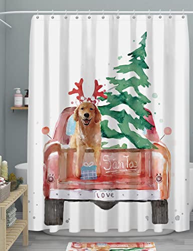 SUMGAR Christmas Shower Curtain for Bathroom Tree Holiday Fabric Cloth Winter Funny Dog Red Truck Shower Curtains Set with Hooks 72 x 72 inch