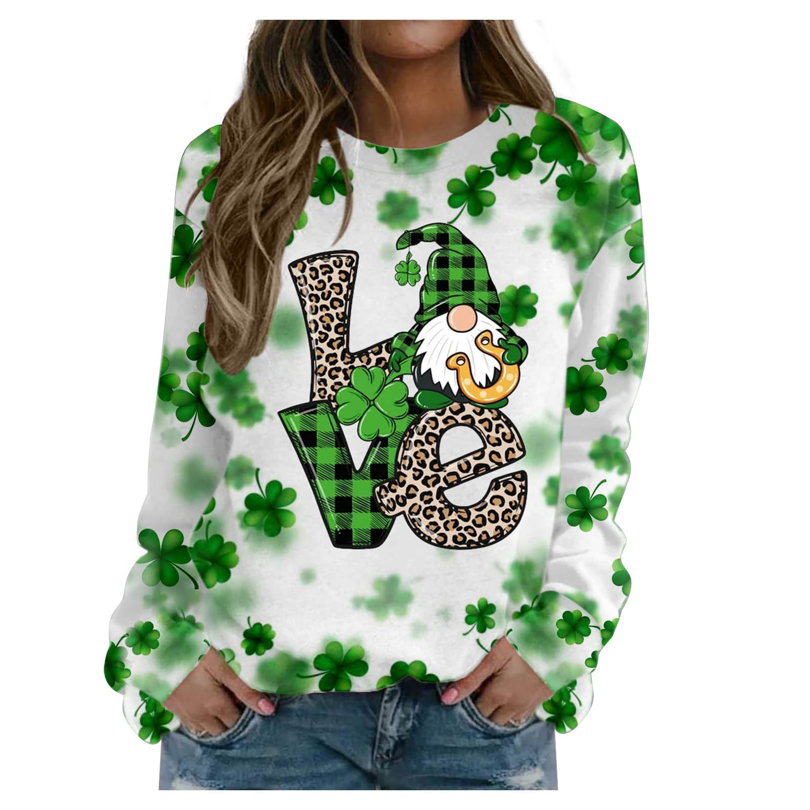 Long Sleeve St Pratick?s Day Shirt For Women Lucky Shamrock Clover Graphic Print Pullover Sweatshirt Crew Neck Tunic Tops