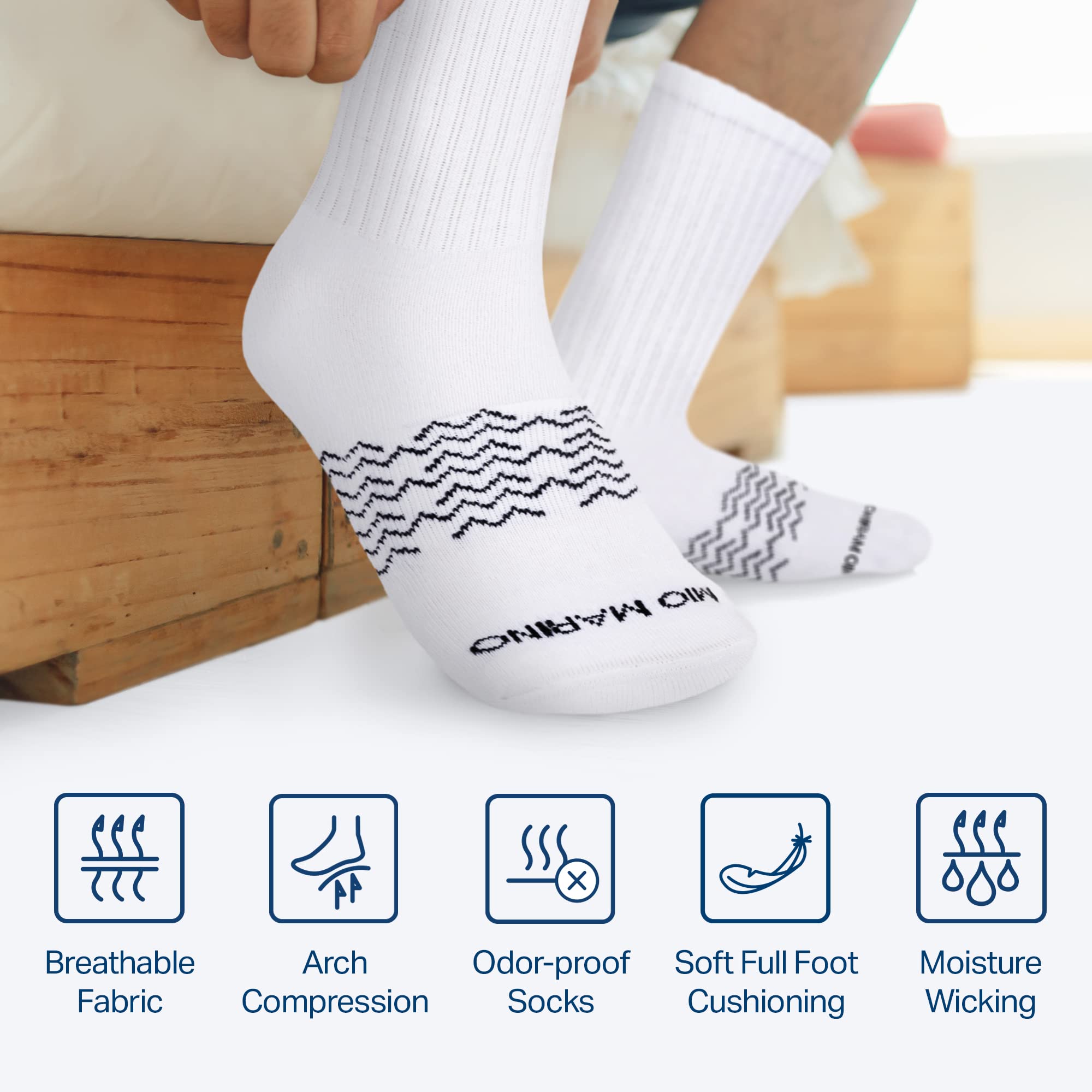 Mio Marino Mens Crew Work Socks Premium Moisture Control Cotton Cushioned with Arch Support - White - 1 Pack - (10-13)