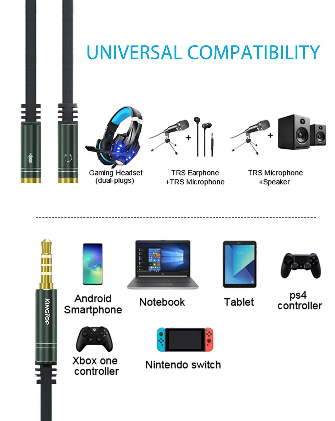KINGTOP 3.5mm Combo Audio Adapter Cable Compatible for PS4,PS5,Xbox One S,Switch,Tablet,Mobile Phone,PC Gaming Headsets and New Version Laptop(Green)