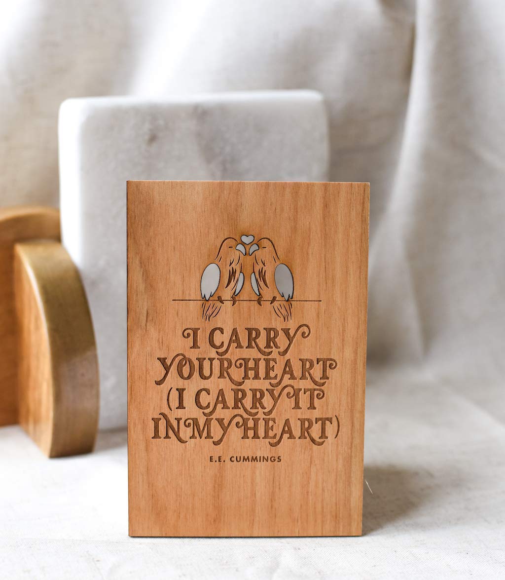 I Carry Your Heart Lovebirds E.E. Cummings Wood Card [Personalized Gifts, Custom Message, Anniversary, Wedding, Birthday, Just Because]