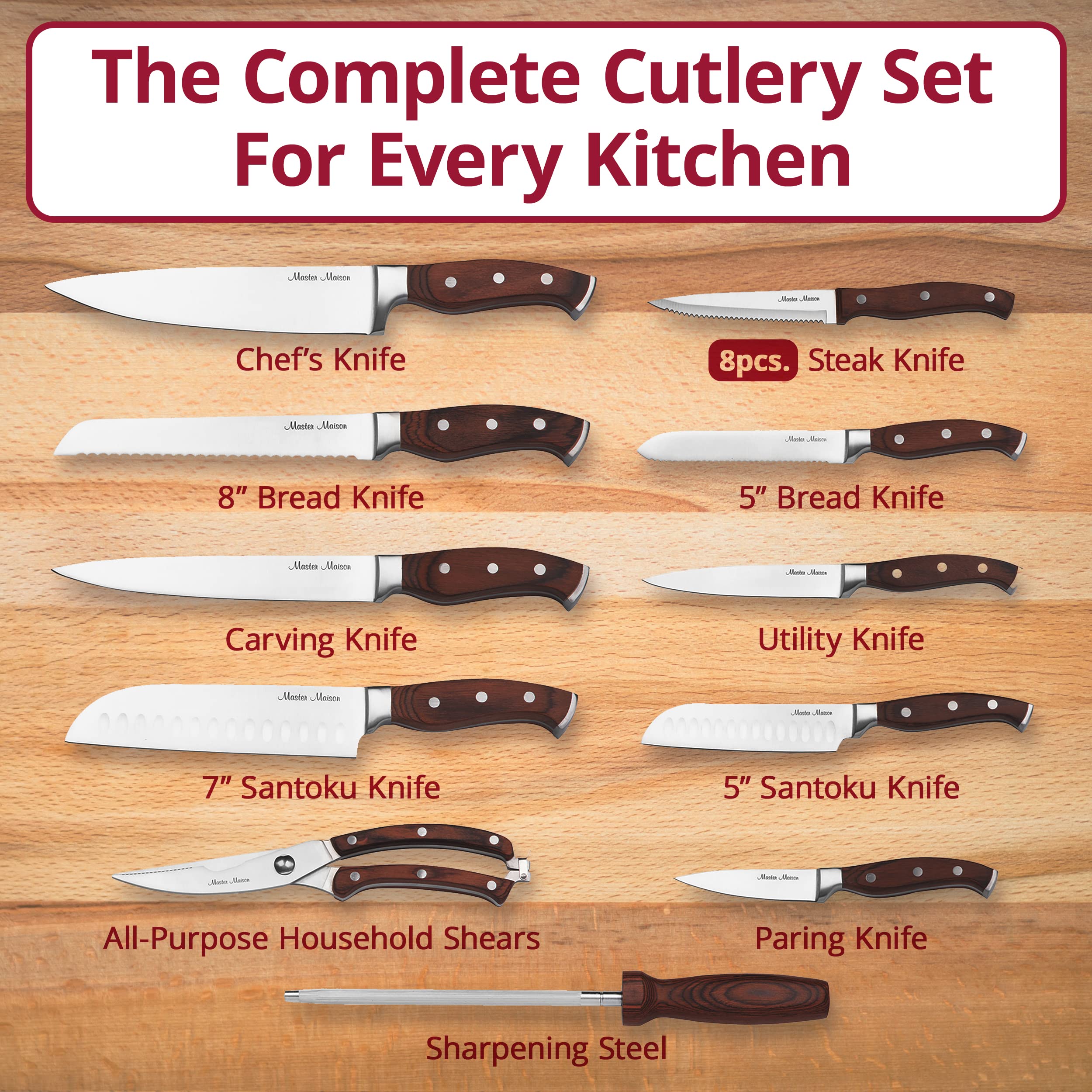 Master Maison Walnut Kitchen Knife Set With Knife Block & Bonus Cleaver | German Stainless Steel Knives With Knife Sharpener & 8 Steak Knives | Butcher Block Knife Sets For Kitchen
