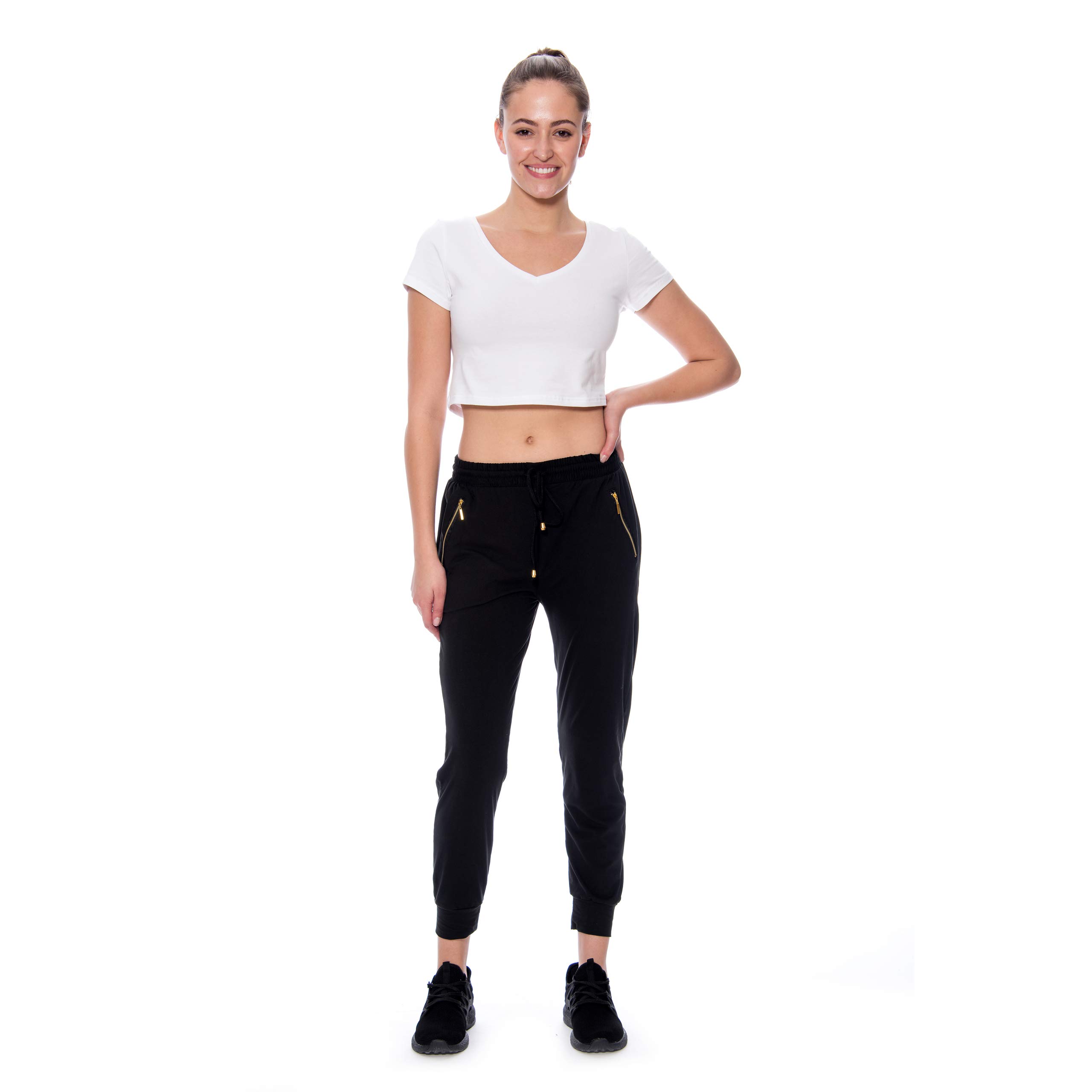 Indero Women's and Junior's Ultra Soft Active Joggers with Side Pocket Gold Zipper Relaxed Fit Sweatpants - Black S M