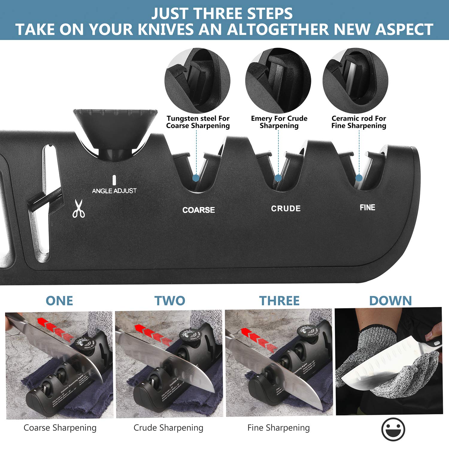 Knife Sharpener MOTEM 4 In 1 Kitchen Knife Sharpener and Scissor Sharpener: Helps Repair, Restore and Polish Quickly with Adjustable Angle Button for Various Knives