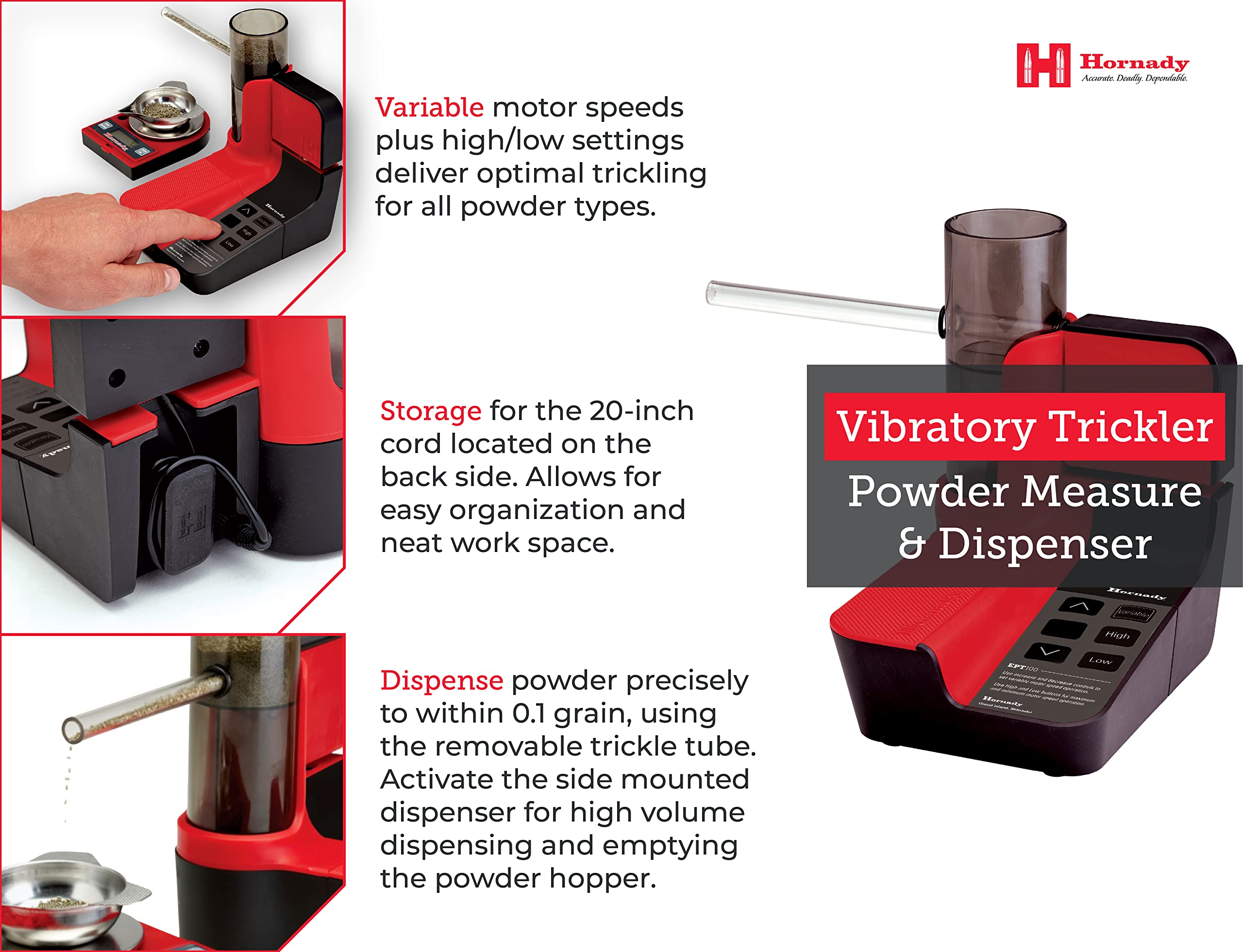 Hornady Vibratory Trickler, 050102 - Save Time and Achieve The Perfect Powder Charge with This Easy to Use Electric Powder Trickler with High, Low, and Variable Settings for All Forms of Powder