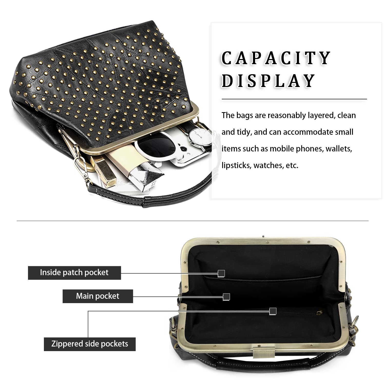 LUI SUI Vintage Rivet Shoulder Bags for Women Retro Classical Top Handle Purse Tote Bags