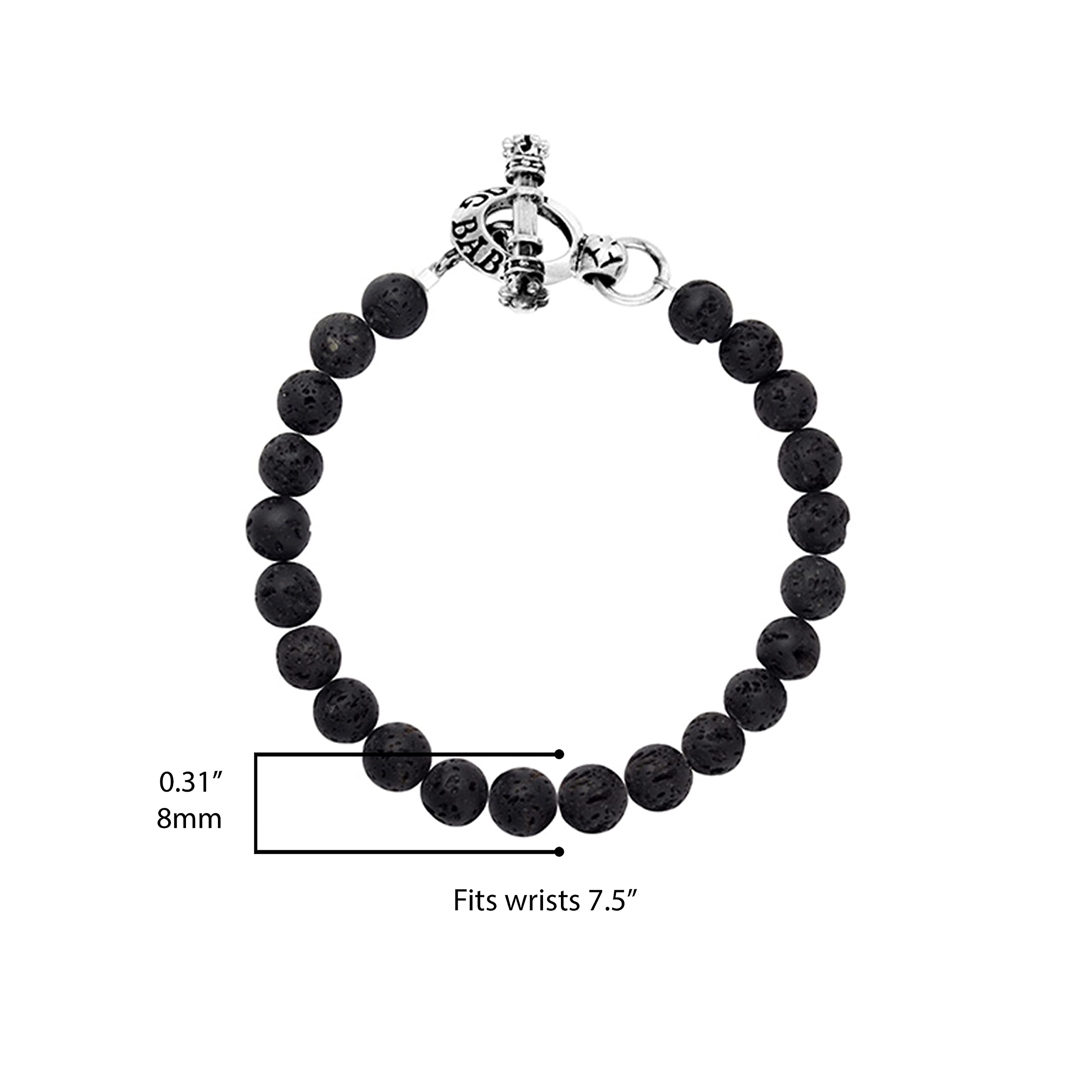 King Baby .925 Sterling Silver & Natural Stone 8mm Unisex Beaded Bracelet with Signature Crown Toggle Clasp - Black Lava Rock, 7-1/2"