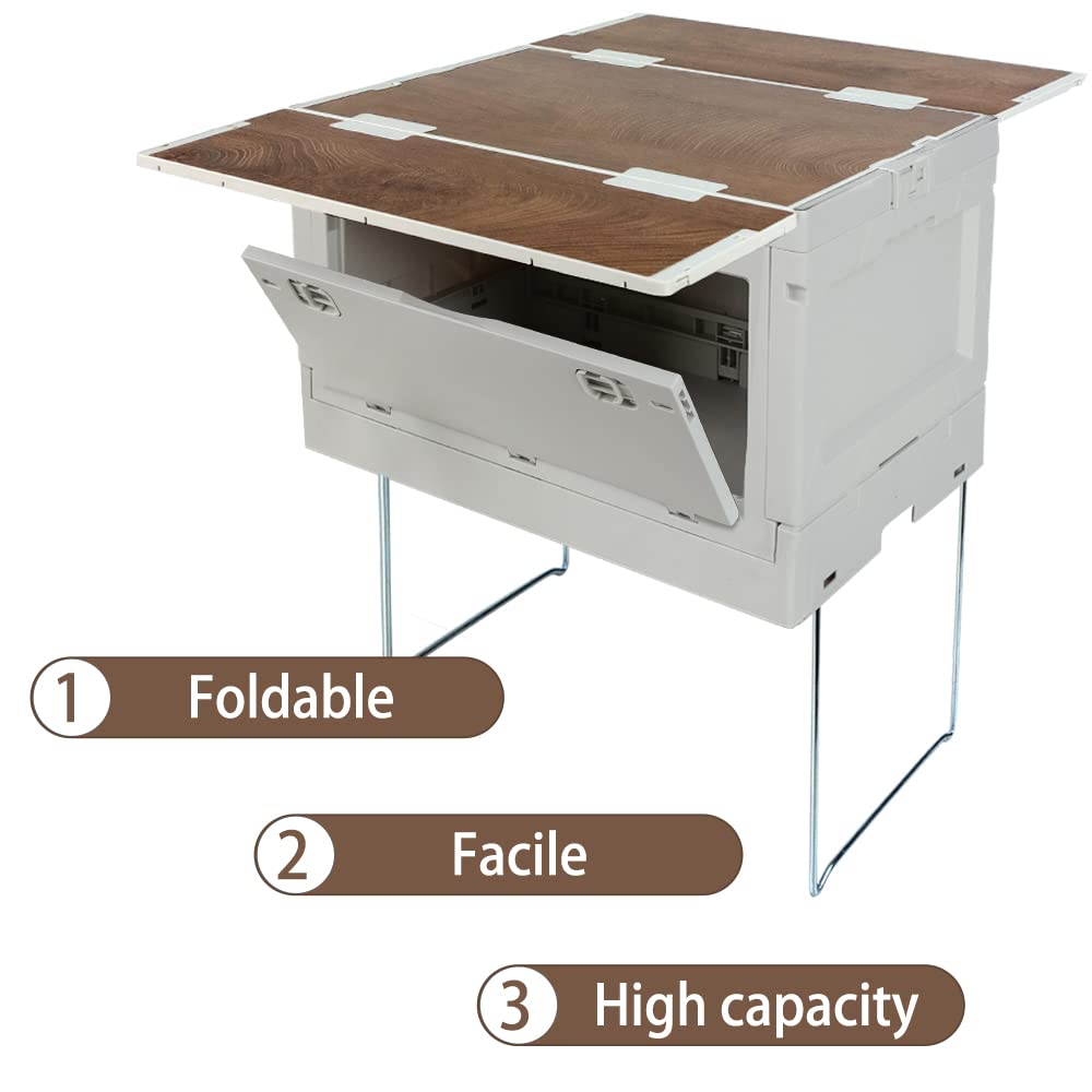Lightweight Camping Table Folding with Storage Adjustable Legs Portable Plastic Cook Station for Outdoor BBQ, Party, Picnic, Organizer for Food Materials, with Expandable Desktop White