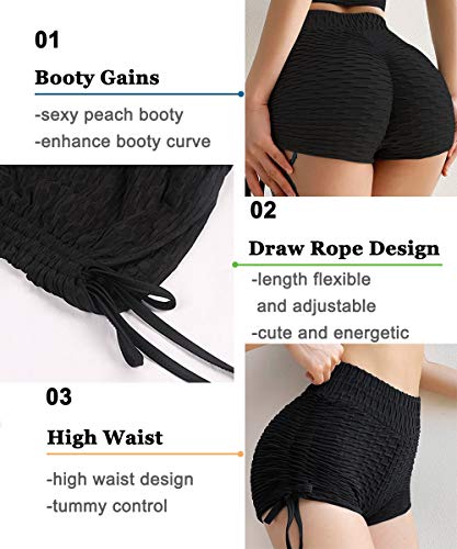 Jenbou High Waisted Booty Shorts for Women TIK Tok Butt Lifting Workout Shorts Anti Cellulite Textured Tights A-Black