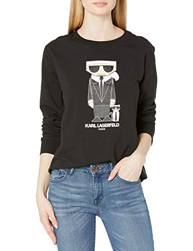 Karl Lagerfeld Paris Women's Long Sleeve Graphic Crewneck Sweatshirt, Black Karl & Choupette, Small