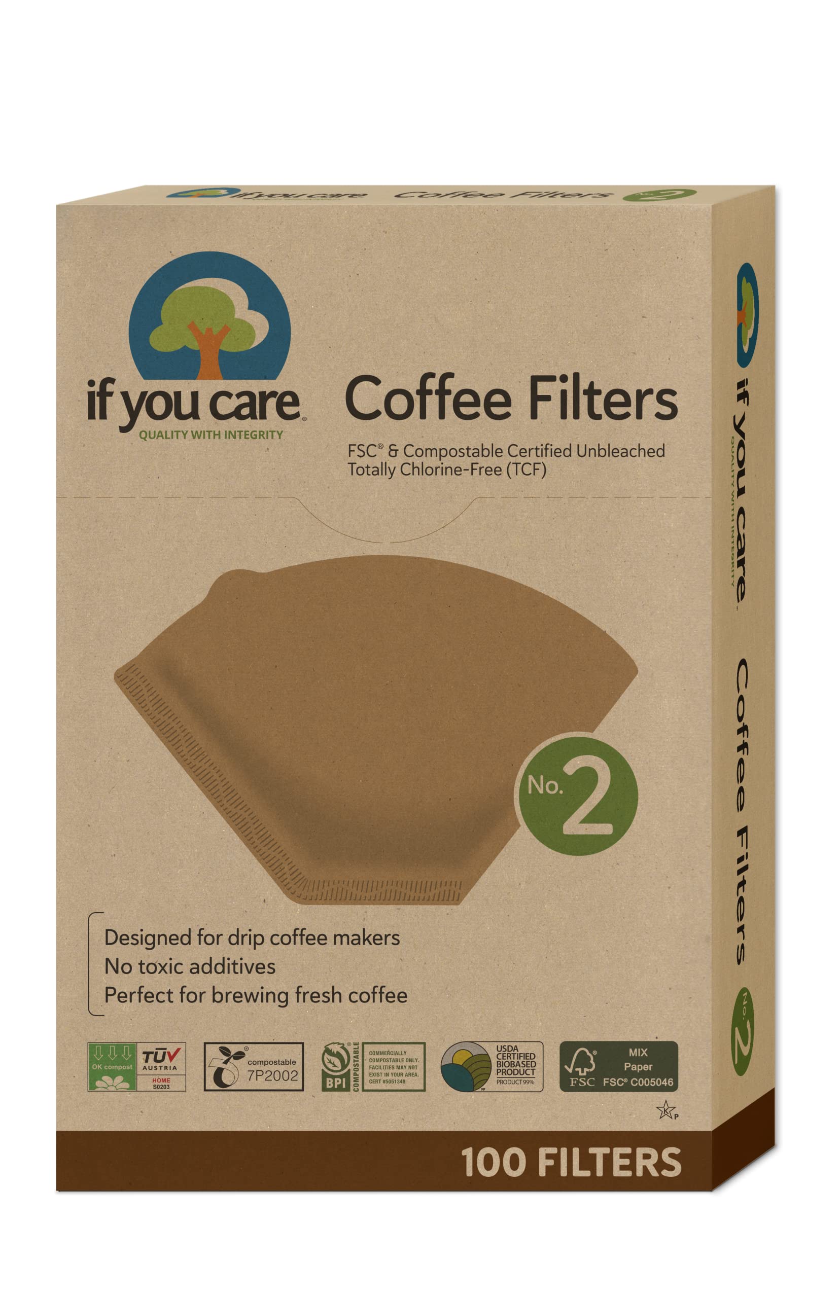 If You Care Unbleached Coffee Filters, 2 Count Boxes – Cone Shaped, All Natural, Biodegradable, Compostable, Chlorine Free,100 Count (Pack of 2), NATURAL