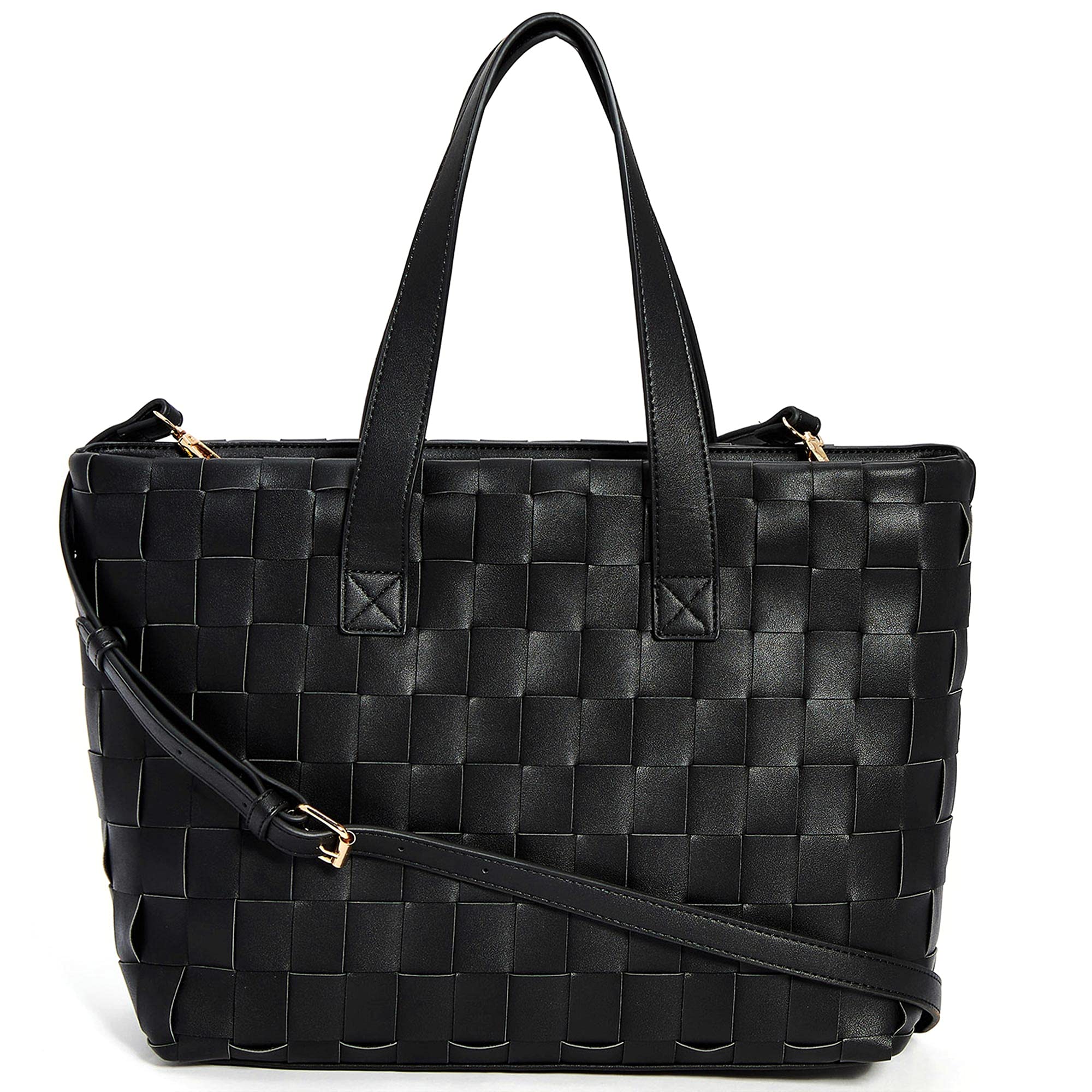 Like Dreams Women's Large Vegan Leather Woven Quilted Top Handle Missy Fashion Tote Bag (Black)