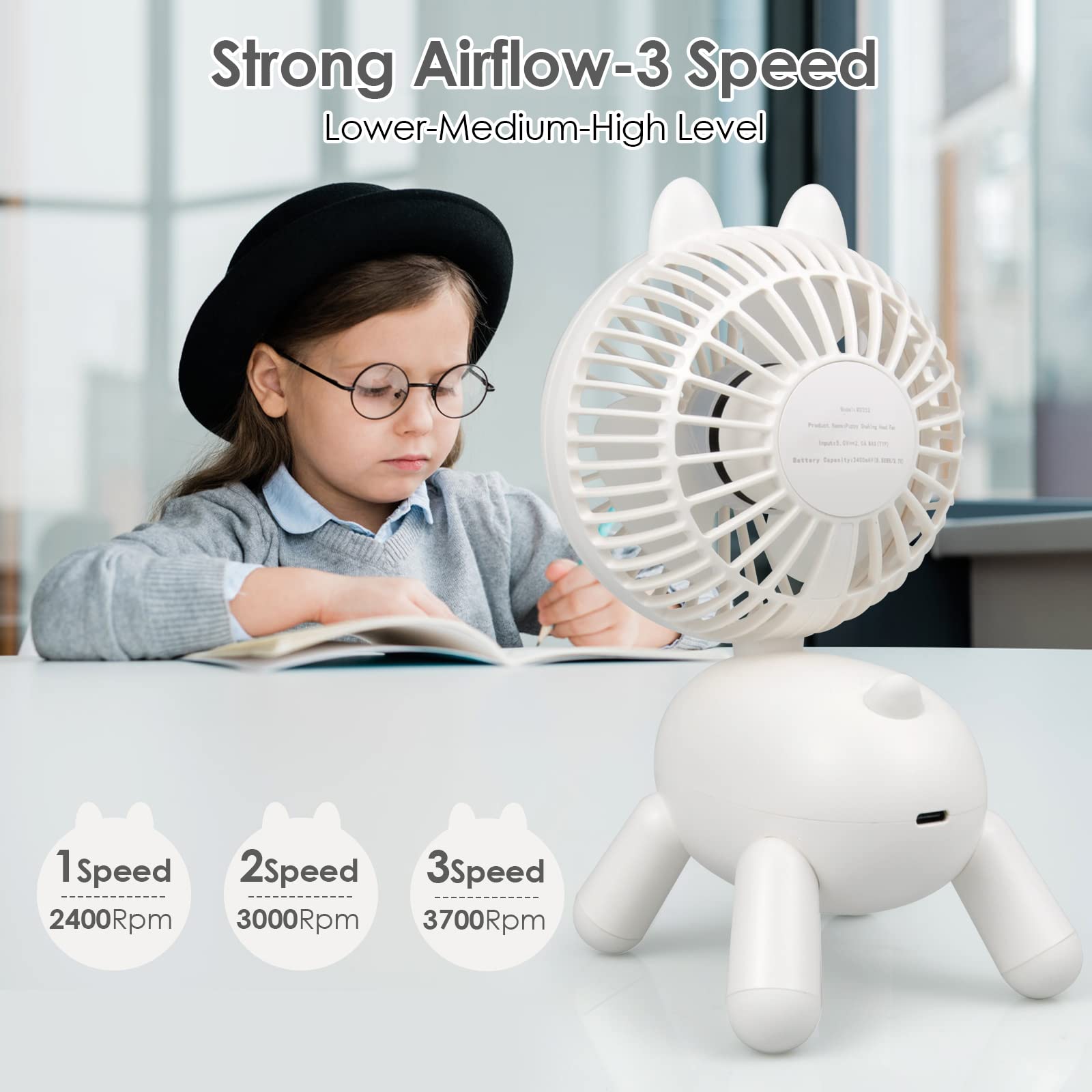 ikiu 8 Inch Small Rechargeable Mini Desk Fan with Rotating Head 13 Hours Usage,Cute Dog-Shape 4 Speeds Small Desk Fan for Home/Desktop/Office,White
