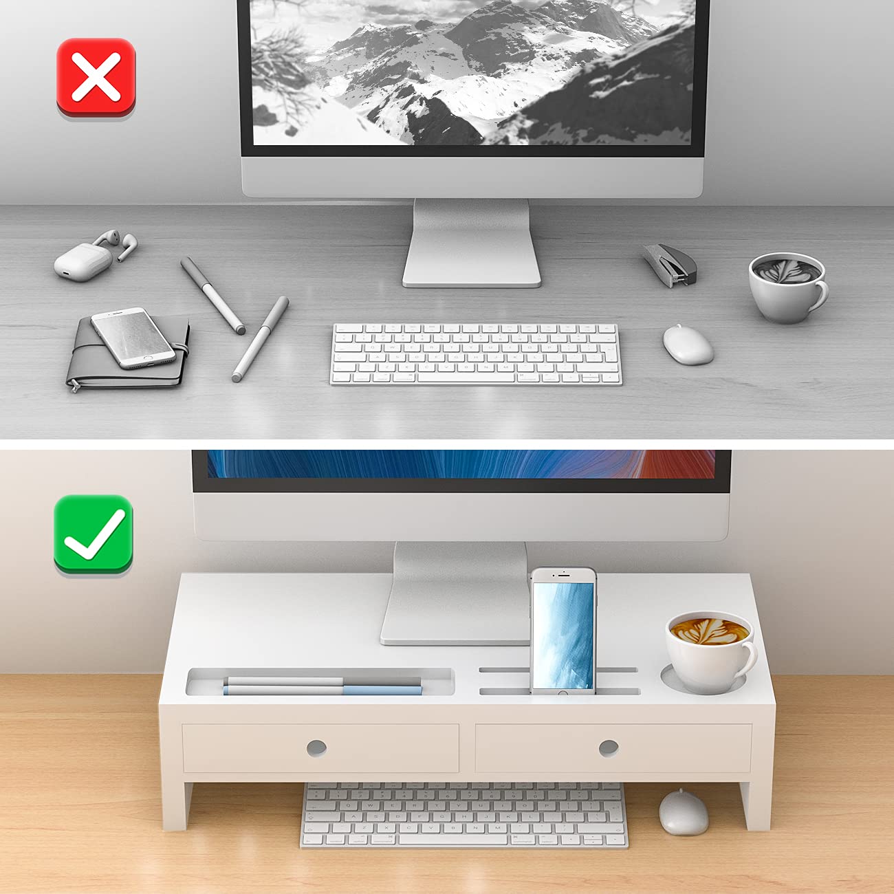 Monitor Stand Riser with Drawer - White Laptop Stand, Bamboo Desktop Shelf Organizer for Computer, TV, Printer, Office Supplies & Accessories with Phone Holder & Cups Slot, No Assembly Needed